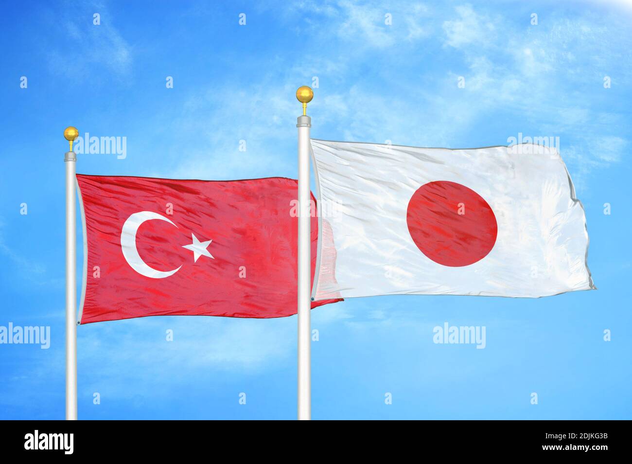 Turkey and Japan two flags on flagpoles and blue cloudy sky Stock Photo ...