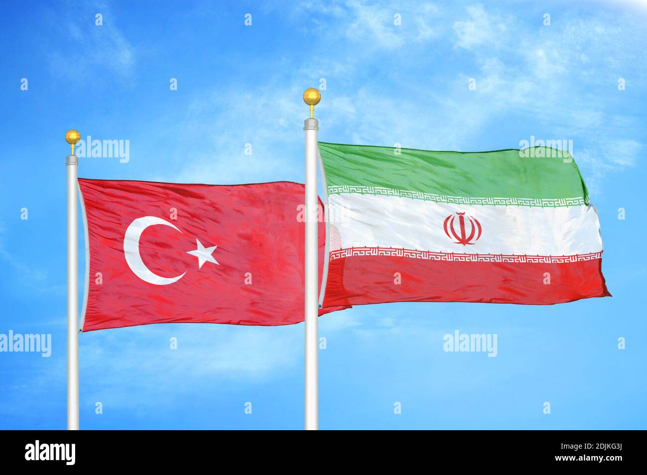 Turkey and Iran two flags on flagpoles and blue cloudy sky Stock Photo ...