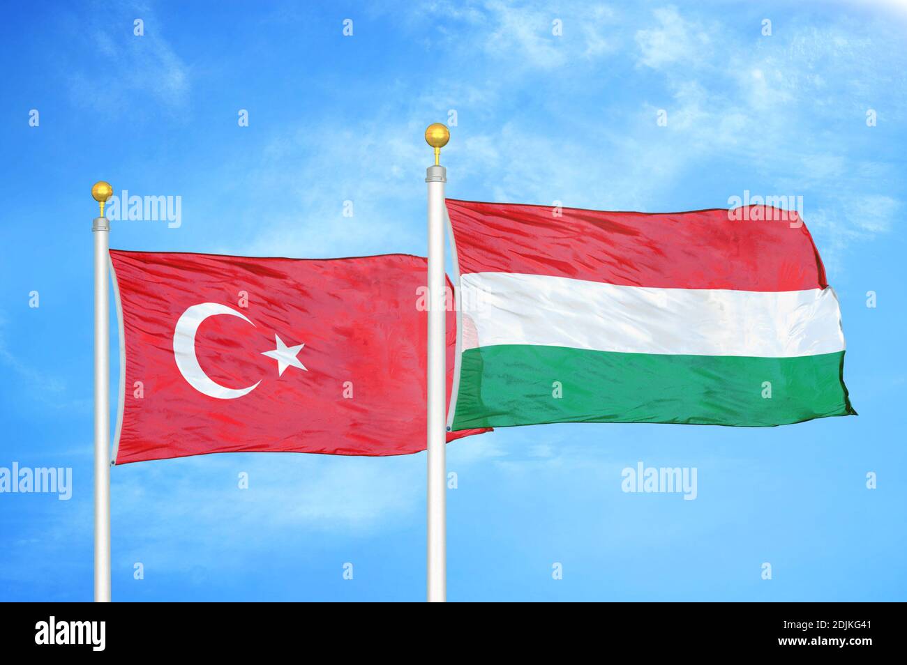 Turkey and Hungary two flags on flagpoles and blue cloudy sky Stock ...