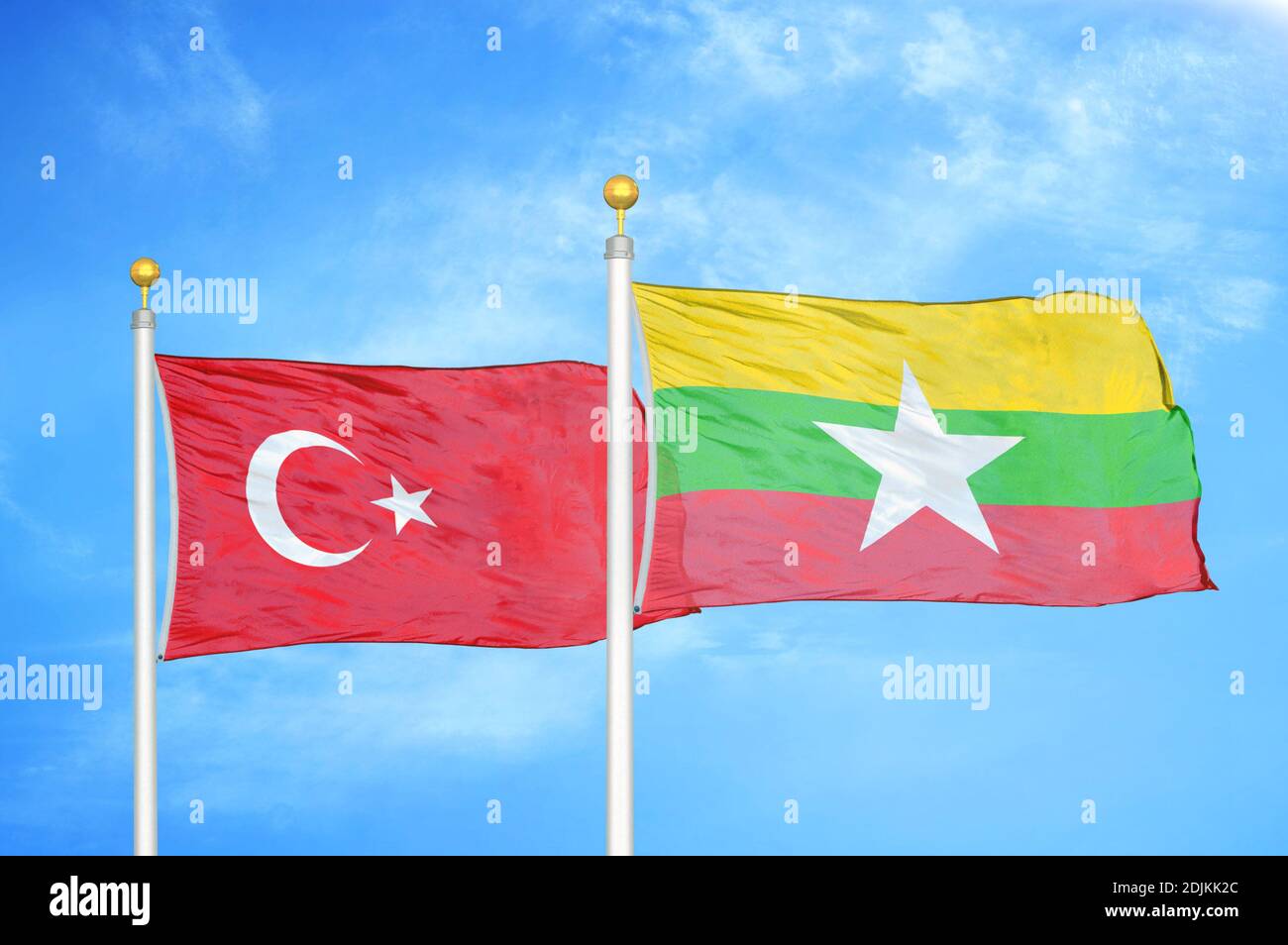 Turkey and Myanmar two flags on flagpoles and blue cloudy sky Stock ...