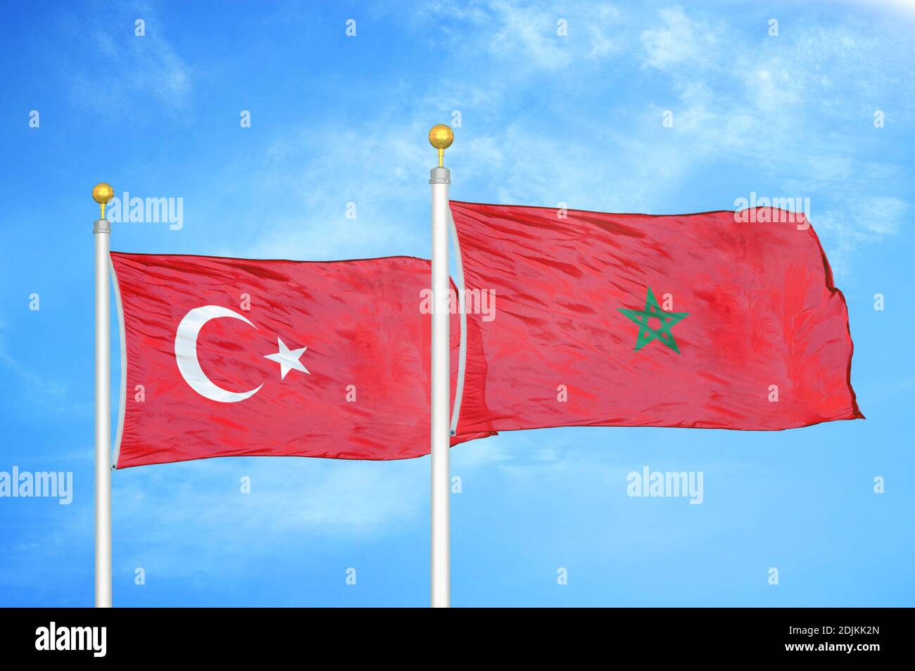 Turkey and Morocco two flags on flagpoles and blue cloudy sky Stock ...