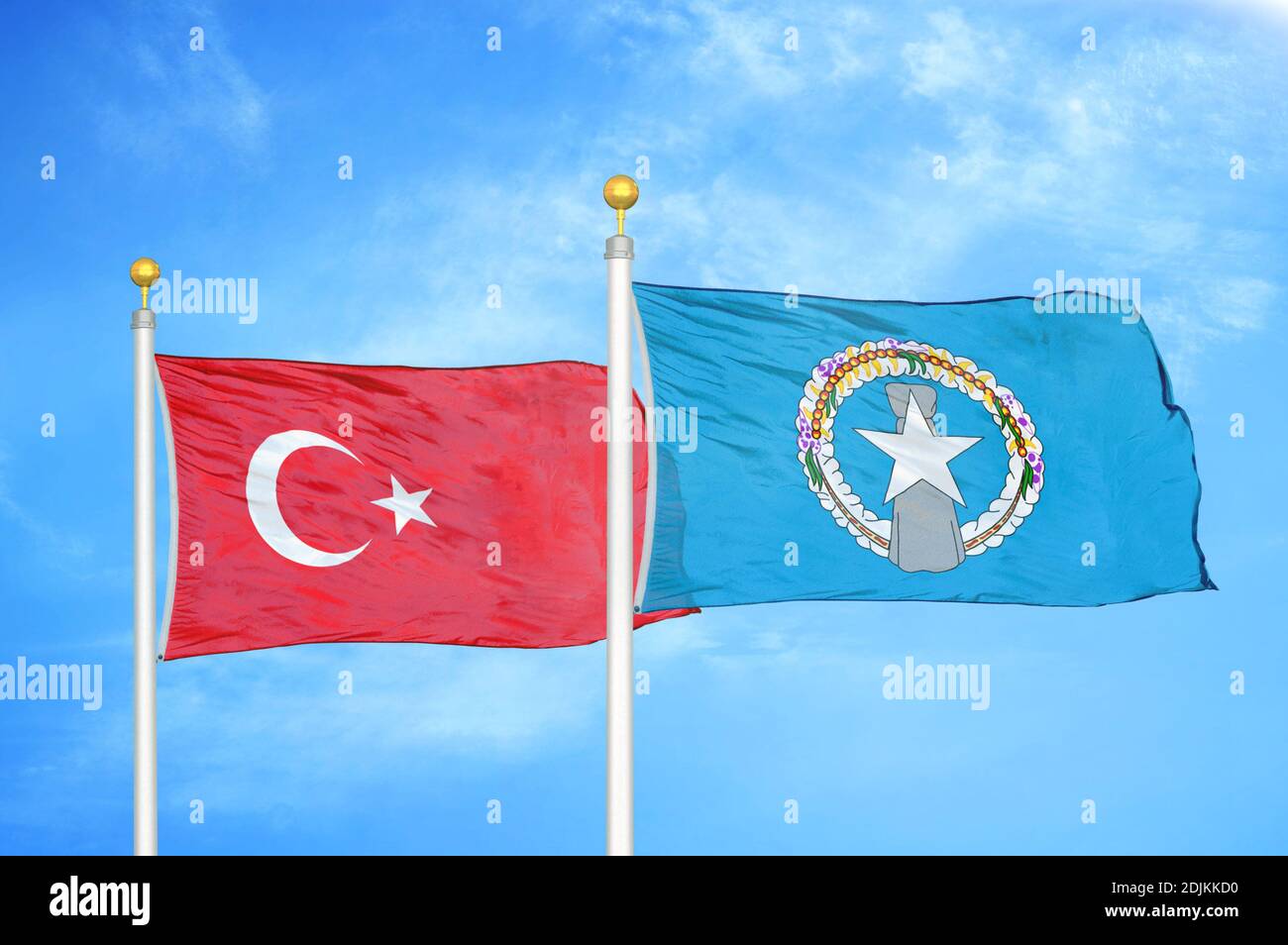 Turkey and Northern Mariana Islands two flags on flagpoles and blue ...