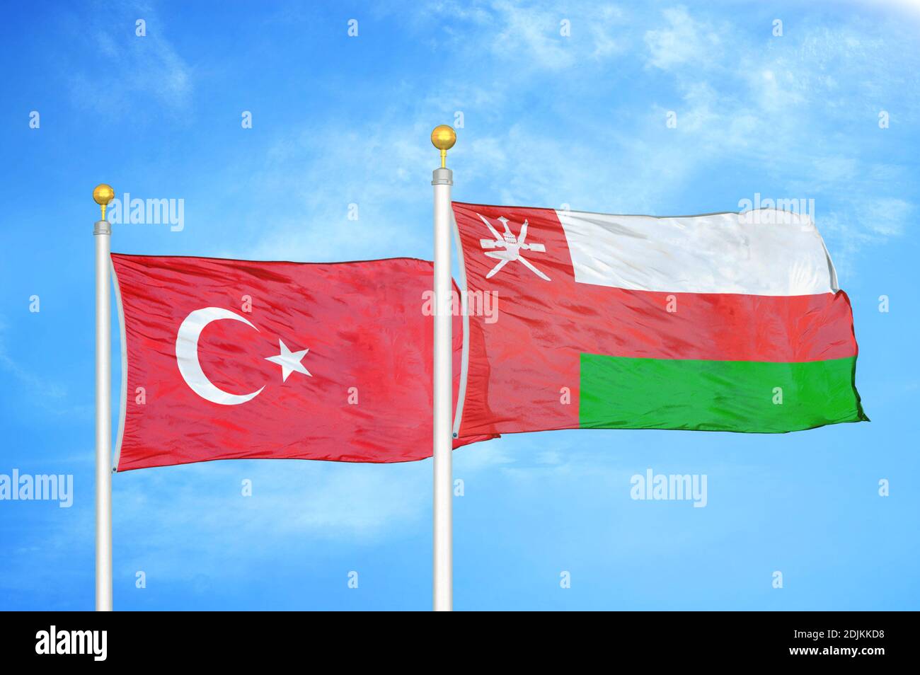 Turkey and Oman two flags on flagpoles and blue cloudy sky Stock Photo ...