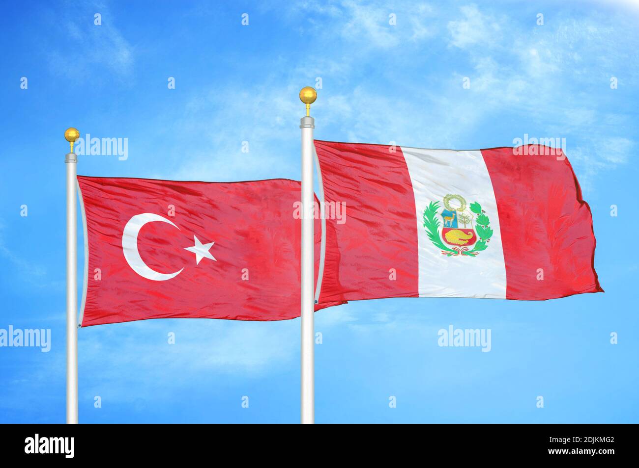Turkey and Peru two flags on flagpoles and blue cloudy sky Stock Photo ...