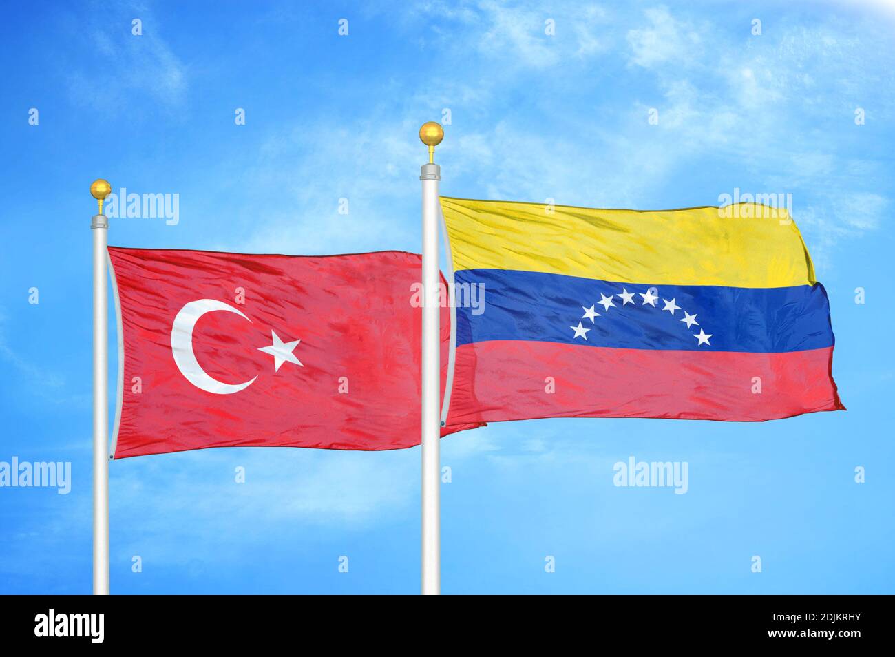 Turkey and Venezuela two flags on flagpoles and blue cloudy sky Stock ...