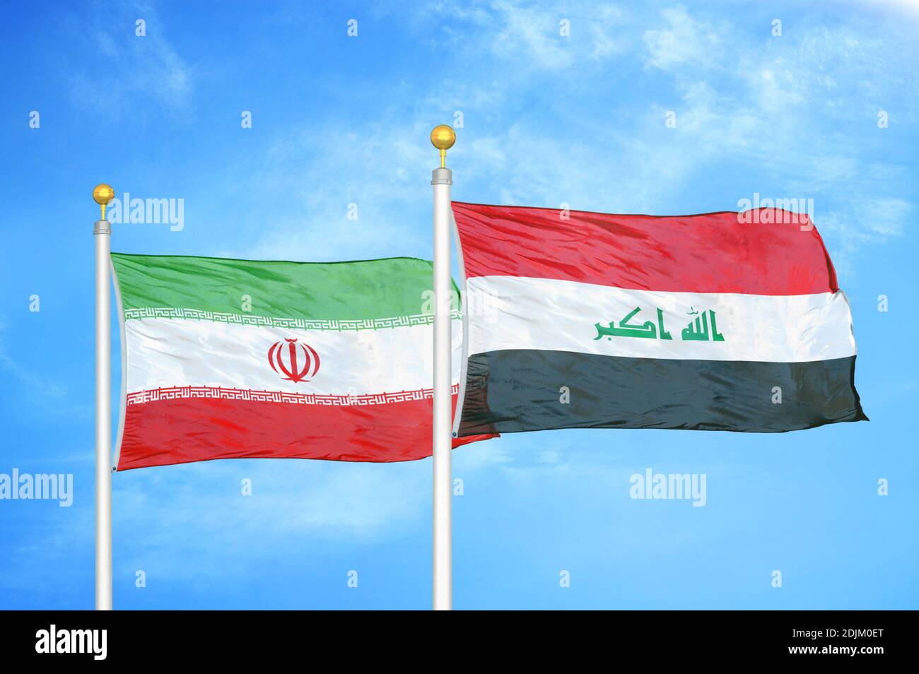 Iran and Iraq two flags on flagpoles and blue cloudy sky Stock Photo ...