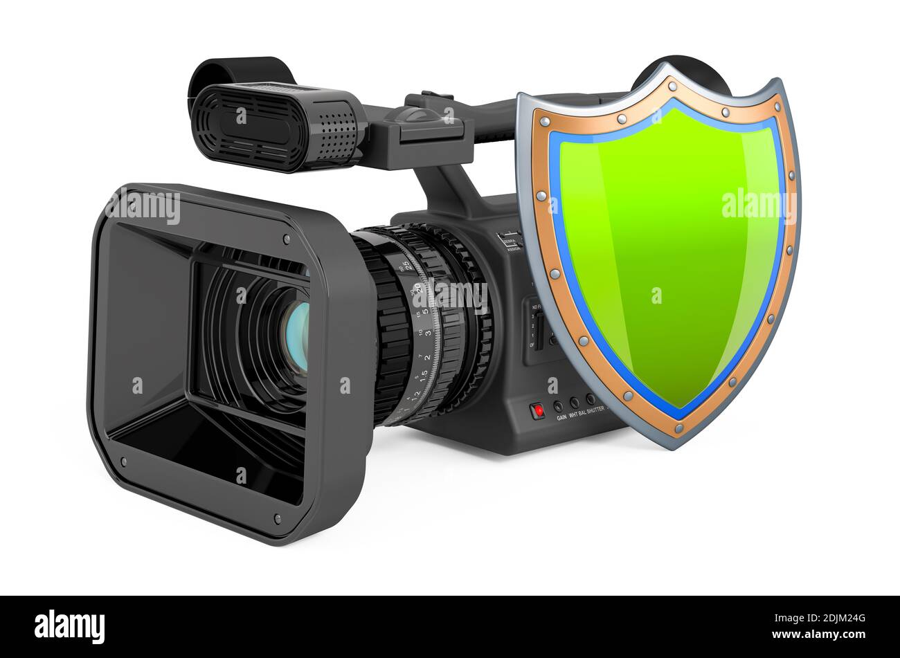 Professional video camera with shield, 3D rendering isolated on white ...