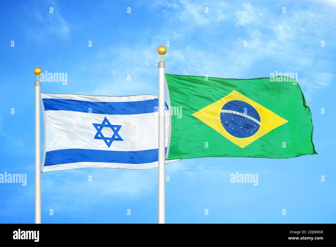 Israel and Brazil two flags on flagpoles and blue cloudy sky Stock ...
