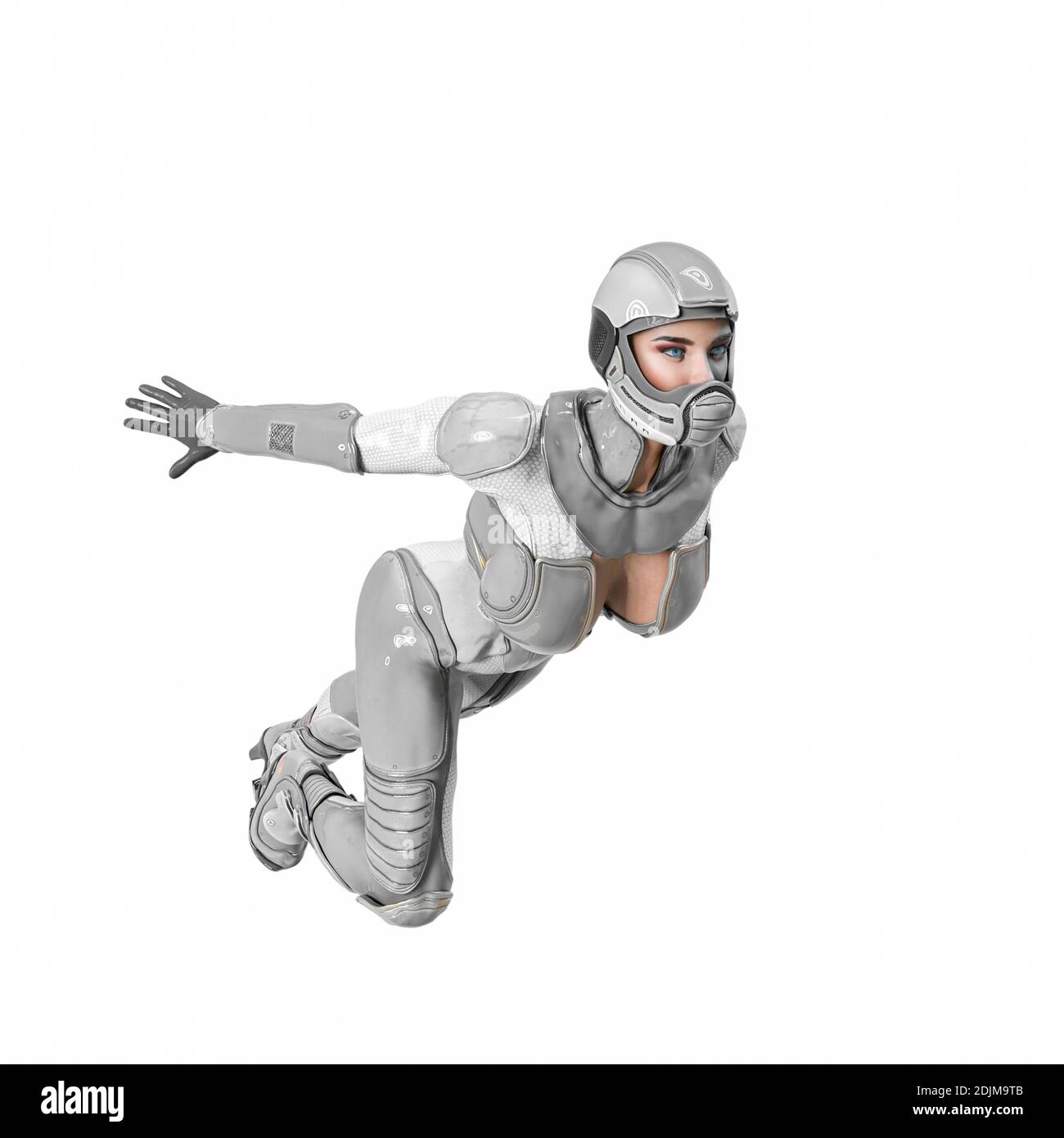 comic woman in a sci fi outfit flying up, 3d illustration Stock Photo ...