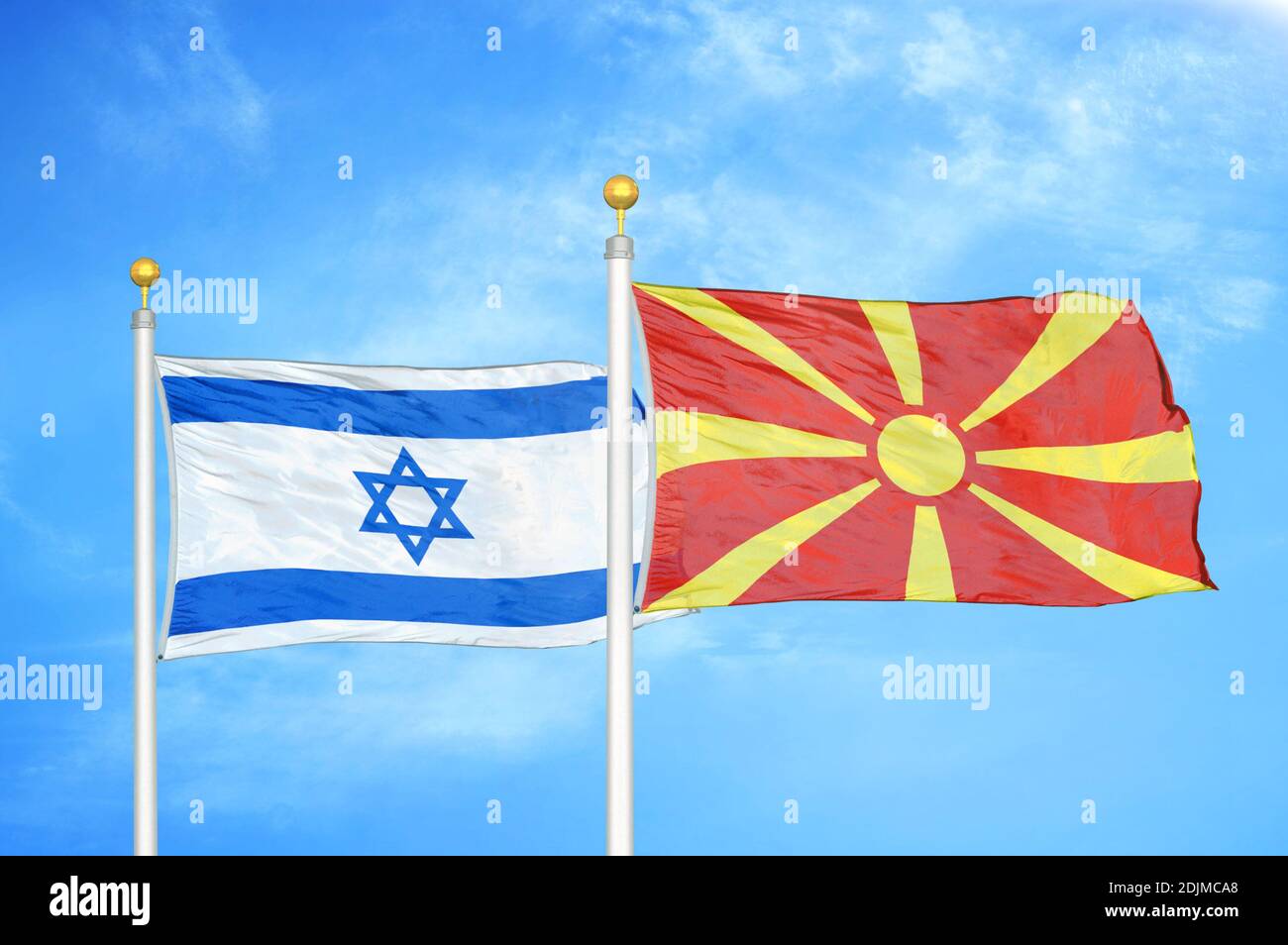 Israel and North Macedonia two flags on flagpoles and blue cloudy sky ...