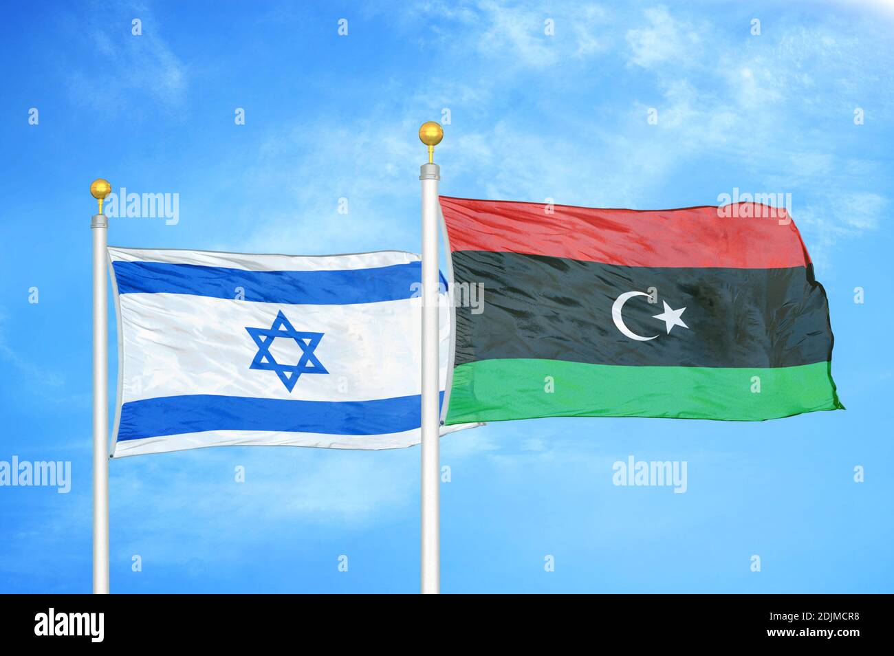 Israel and Libya two flags on flagpoles and blue cloudy sky Stock Photo ...