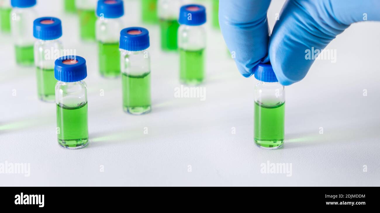 Scientist puts vial with plant extracts for HPLC analysis. Natural ...