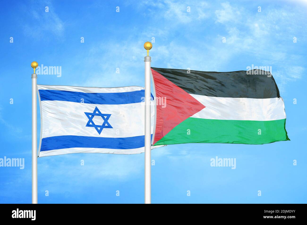 Israel and Palestine two flags on flagpoles and blue cloudy sky Stock ...