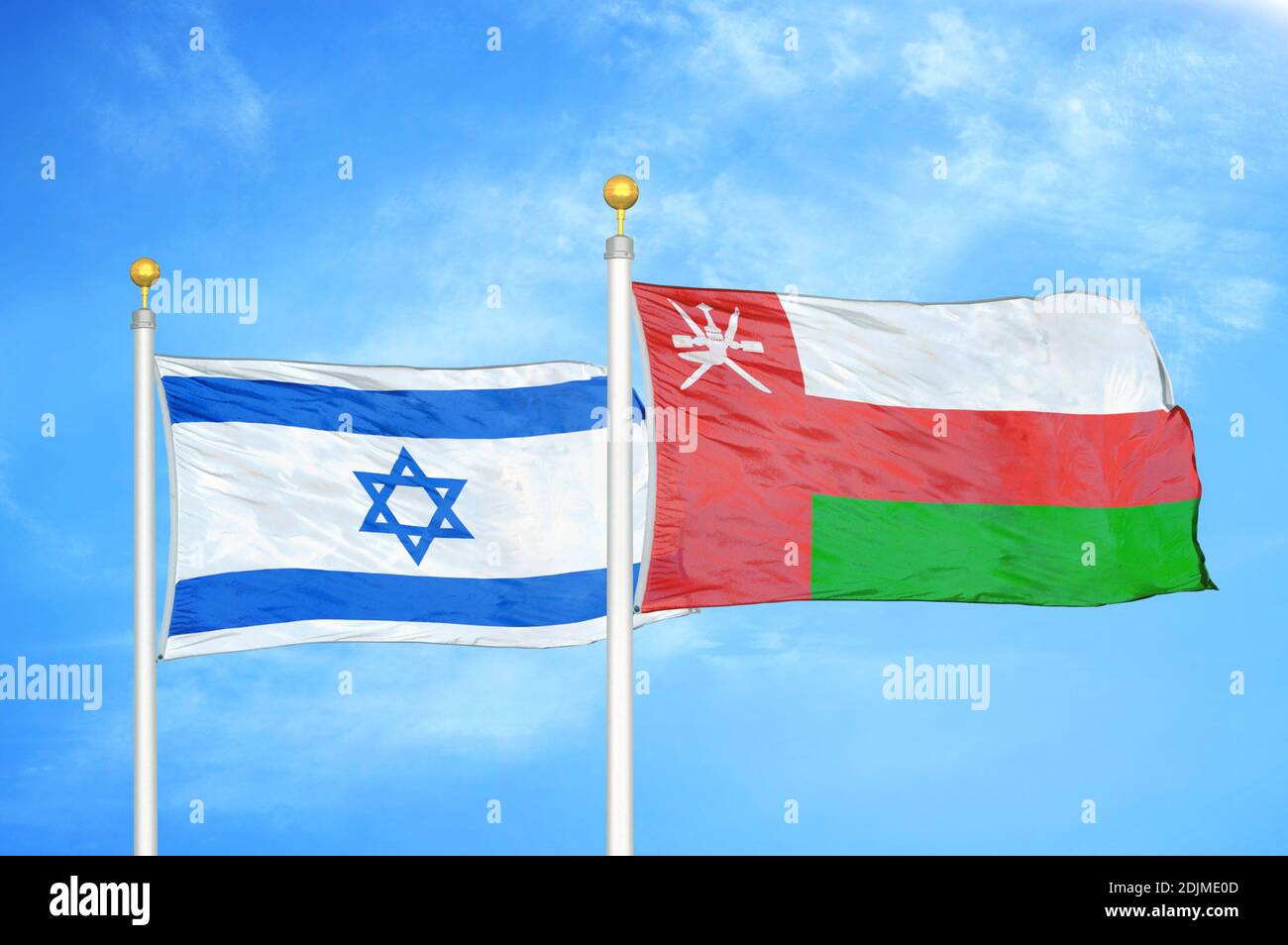 Israel and Oman two flags on flagpoles and blue cloudy sky Stock Photo ...