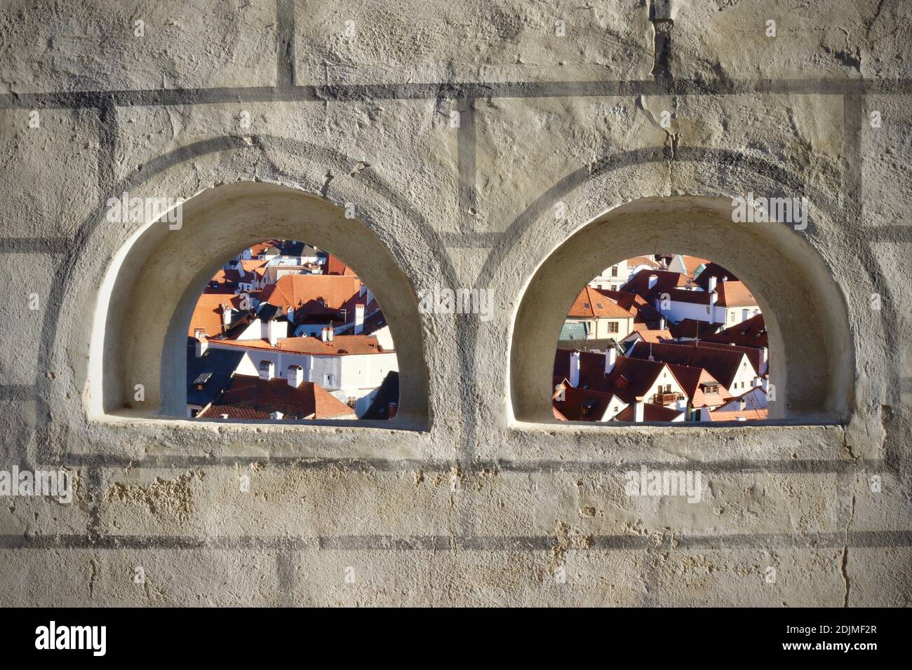 Houses In Town Seen Through Window Of Building Stock Photo - Alamy