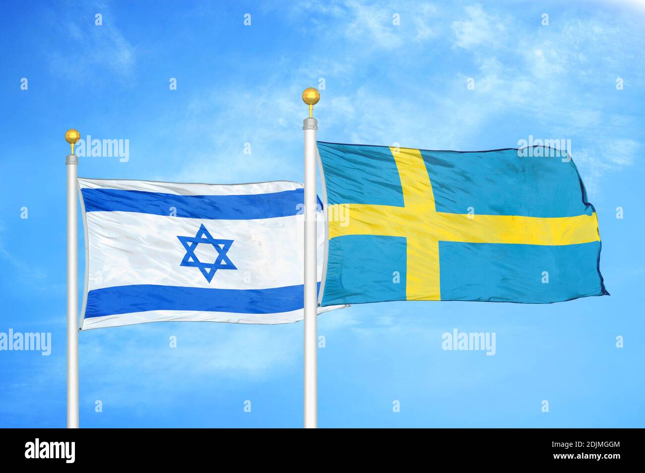 Israel and Sweden two flags on flagpoles and blue cloudy sky Stock ...