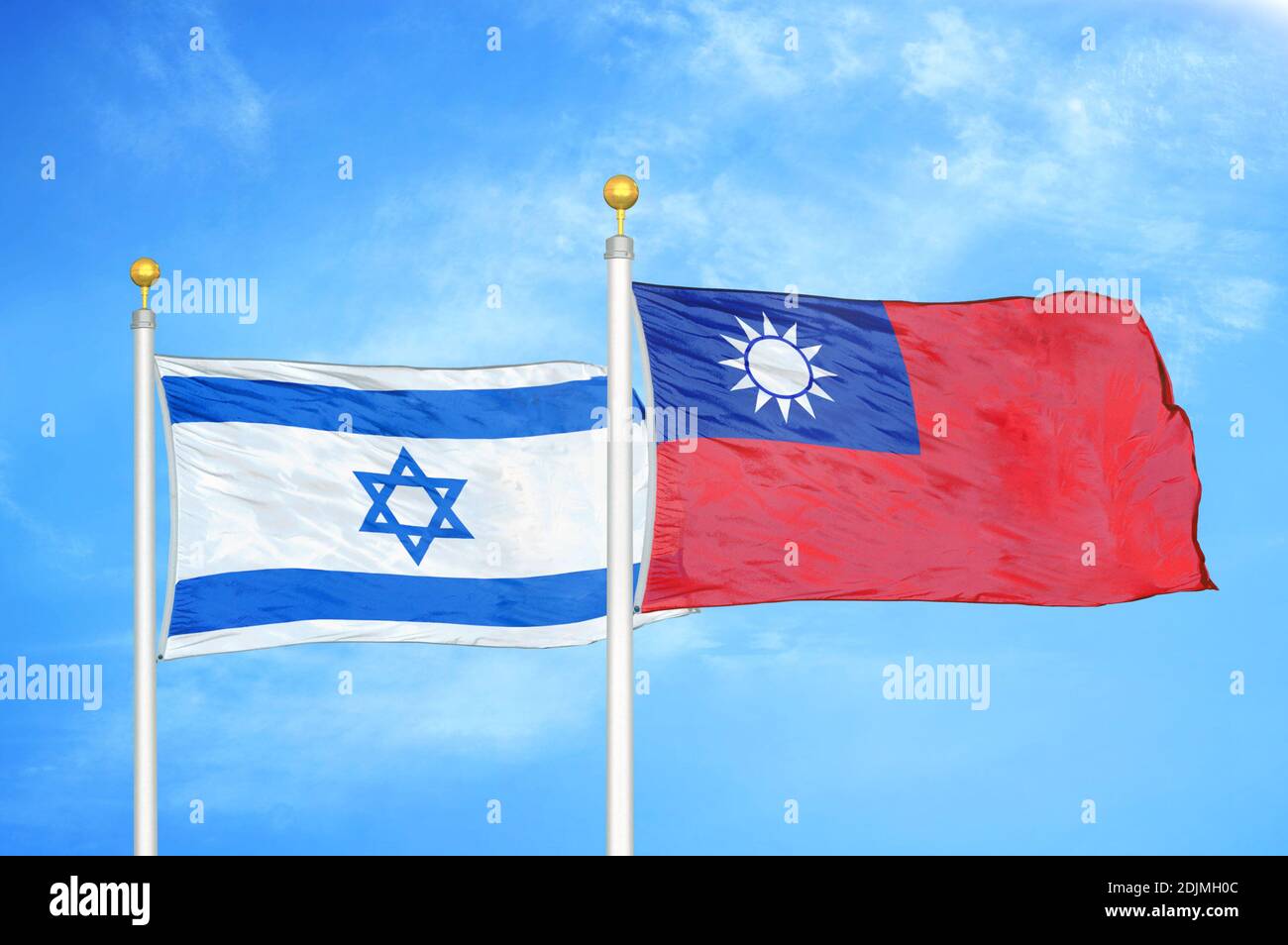 Israel and Taiwan two flags on flagpoles and blue cloudy sky Stock ...