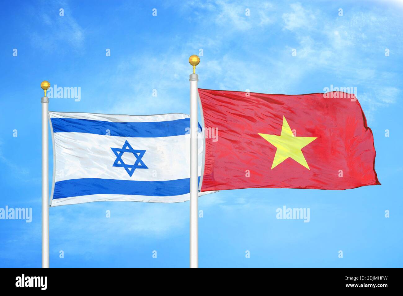 Israel and Vietnam two flags on flagpoles and blue cloudy sky Stock ...