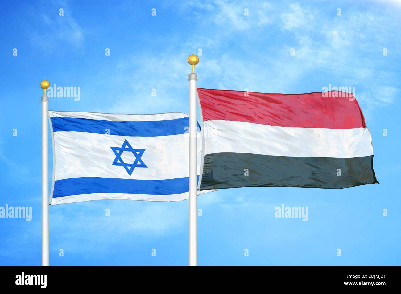 Israel and Yemen two flags on flagpoles and blue cloudy sky Stock Photo ...