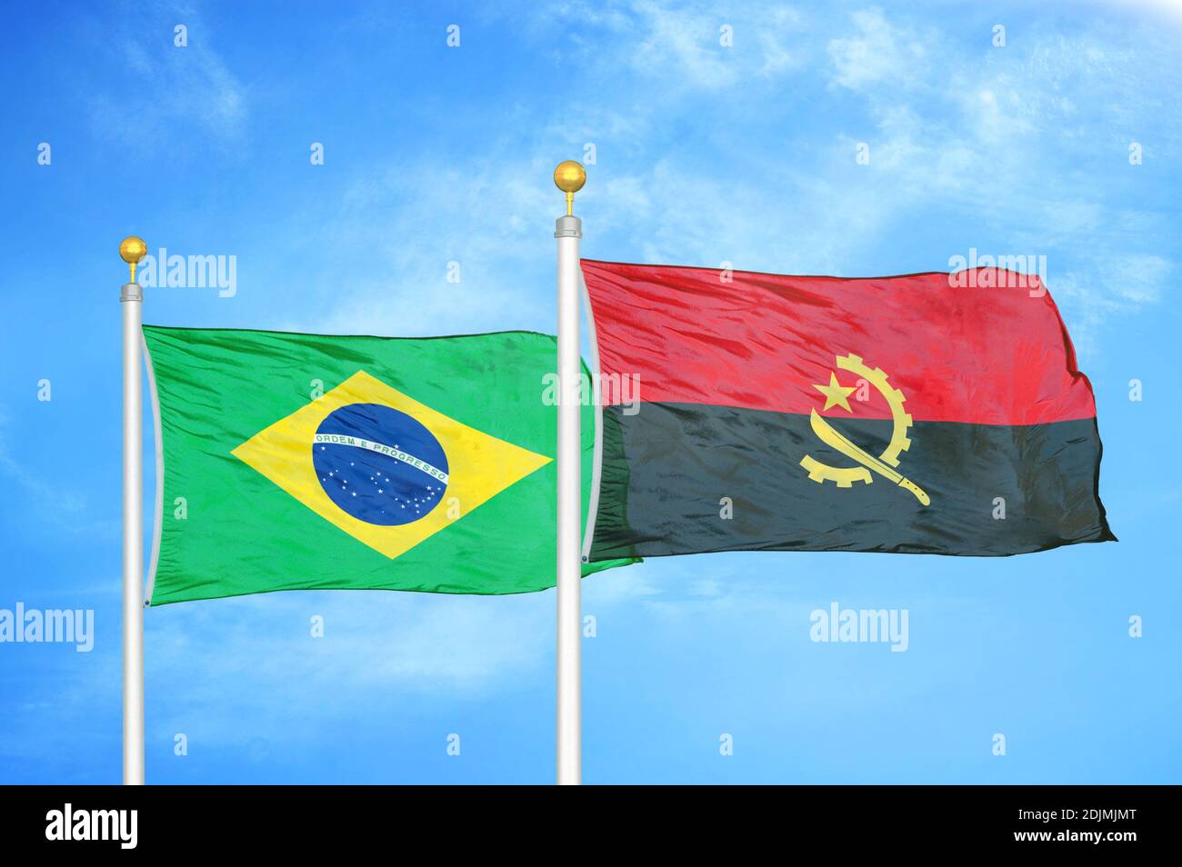 Brazil and Angola two flags on flagpoles and blue cloudy sky Stock ...