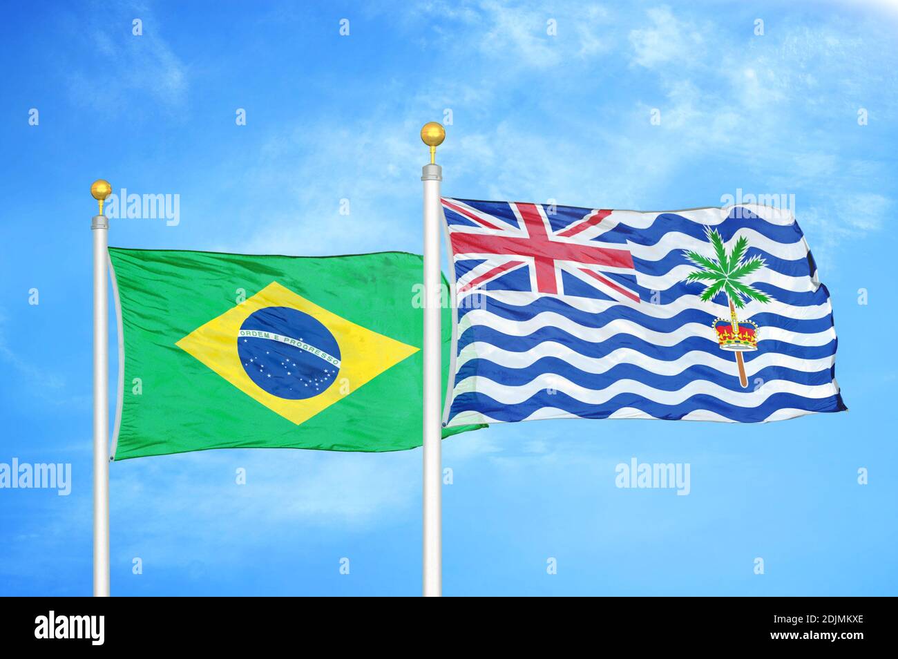 Brazil and British Indian Territory two flags on flagpoles and blue ...