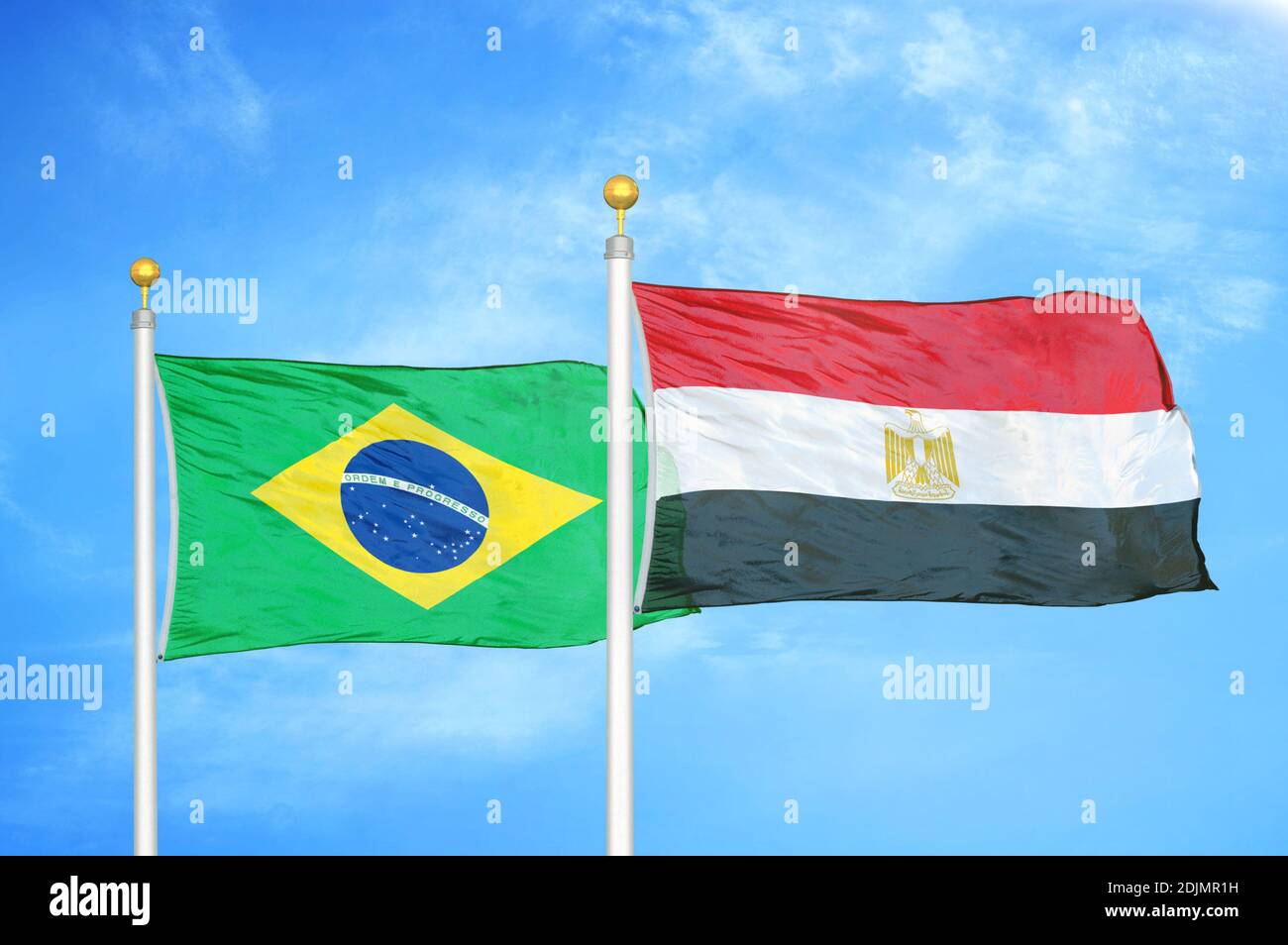 Brazil and Egypt two flags on flagpoles and blue cloudy sky Stock Photo ...
