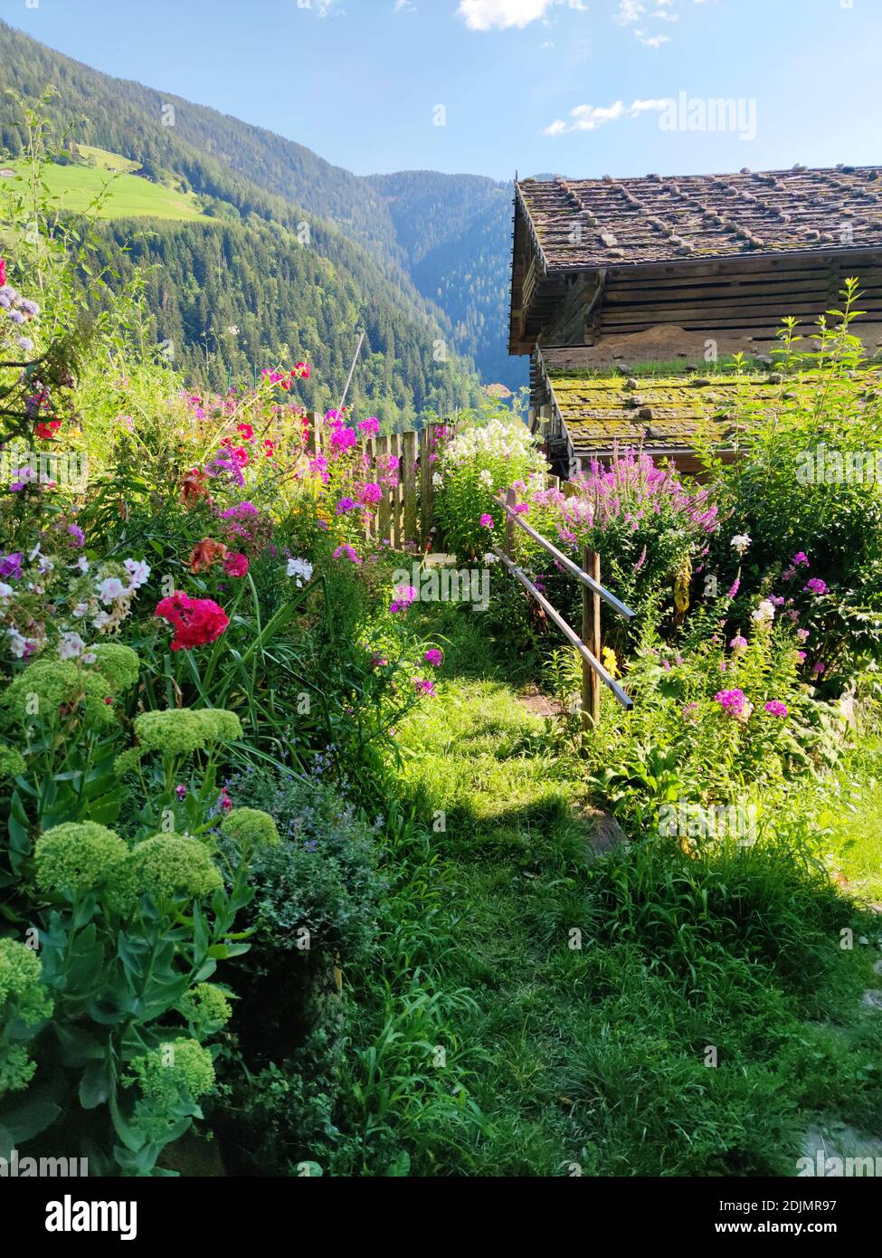 Flowers in a South Tyrolean cottage garden in front of a hay barn Stock ...