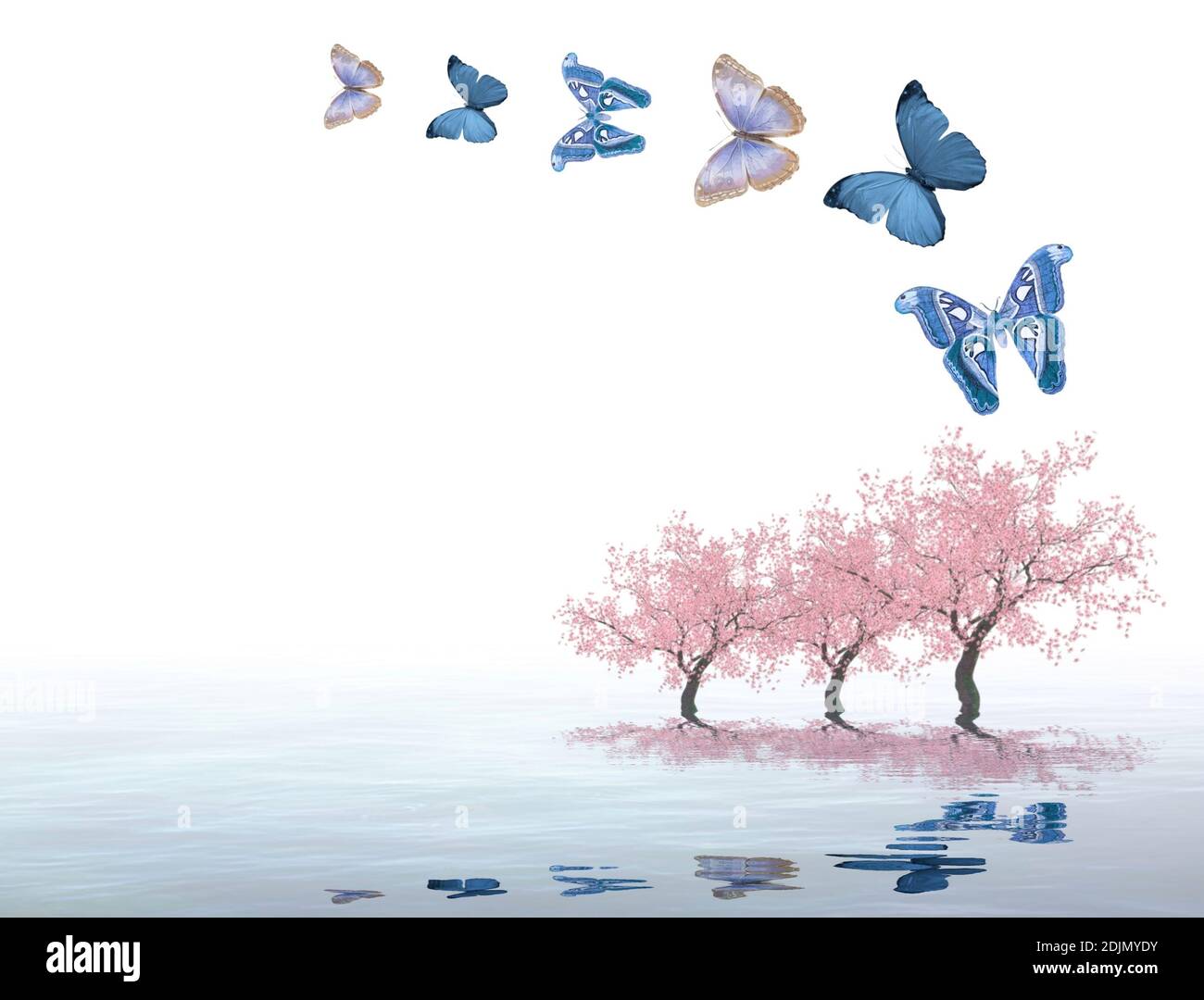 Spiritual background with trees and butterflies in sea reflection Stock Photo - Alamy