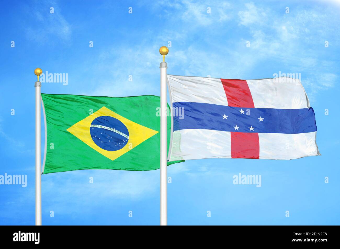 Brazil and Netherlands Antilles two flags on flagpoles and blue cloudy ...