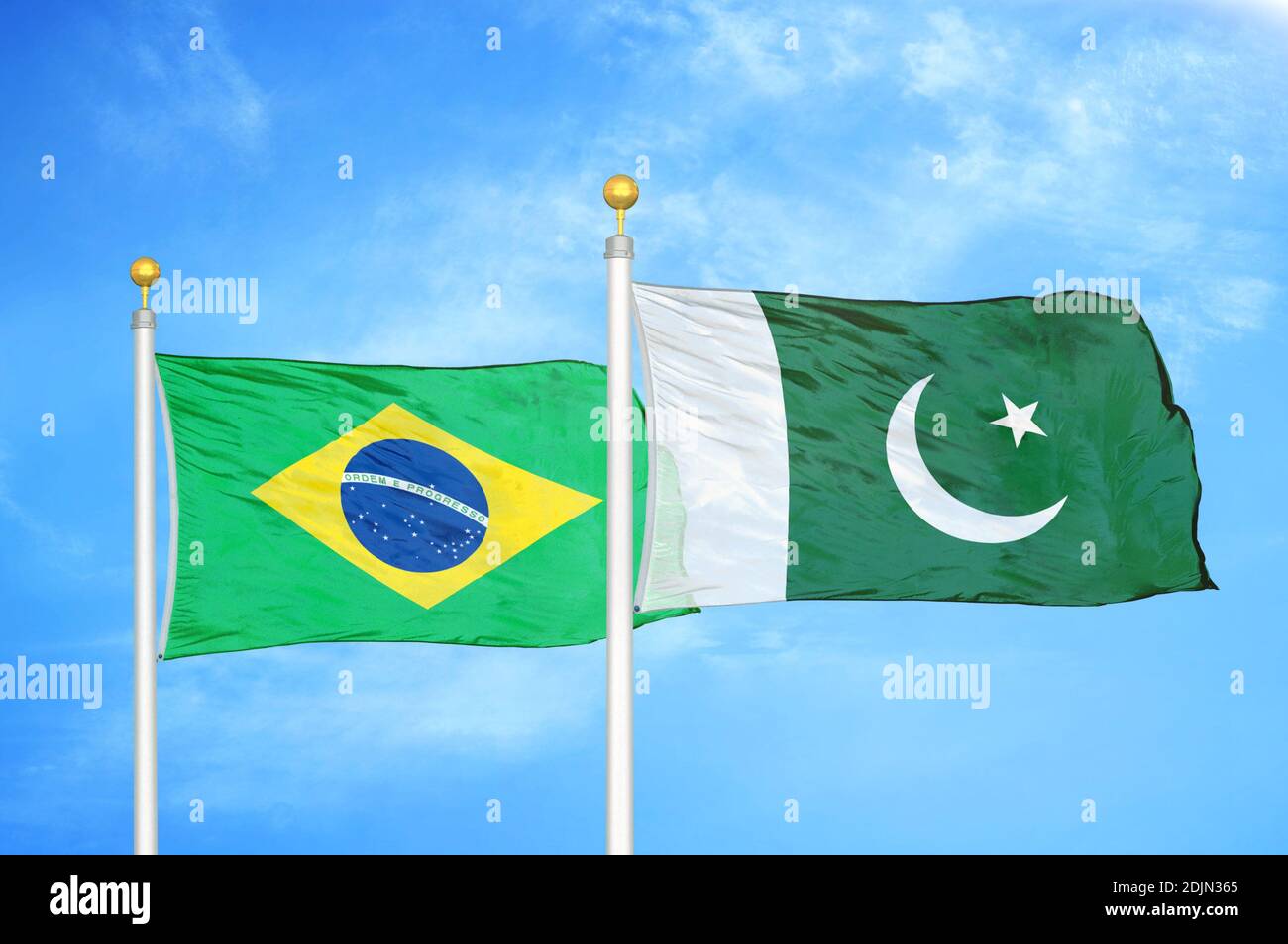 Brazil and Pakistan two flags on flagpoles and blue cloudy sky Stock ...