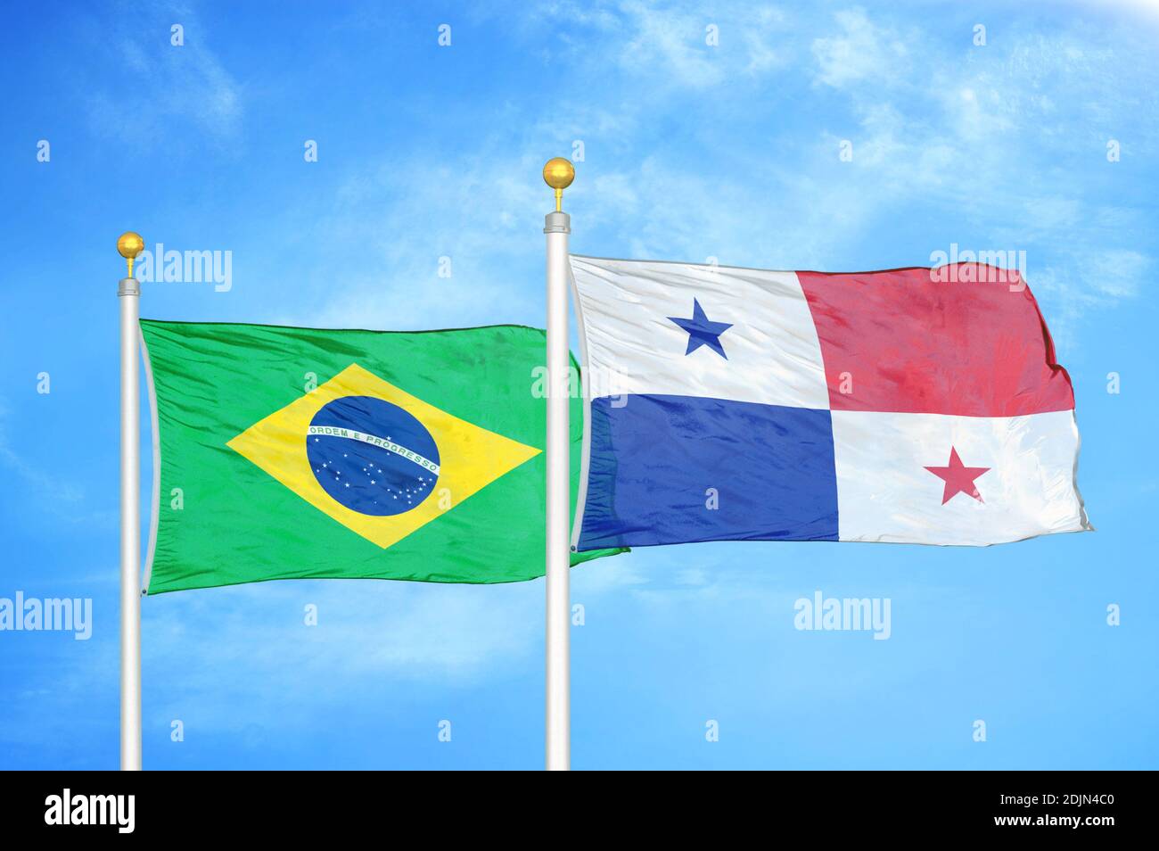 Brazil and Panama two flags on flagpoles and blue cloudy sky Stock ...