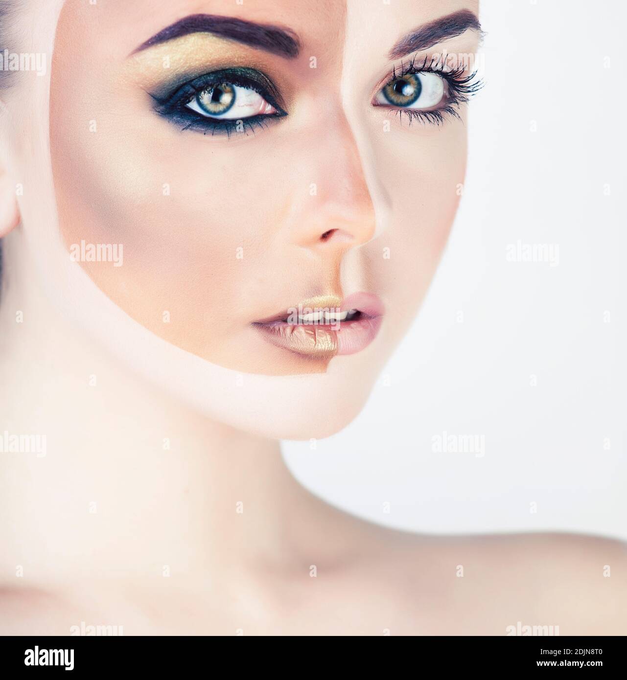 half faced woman with creative makeup like before sunbathe and after ...