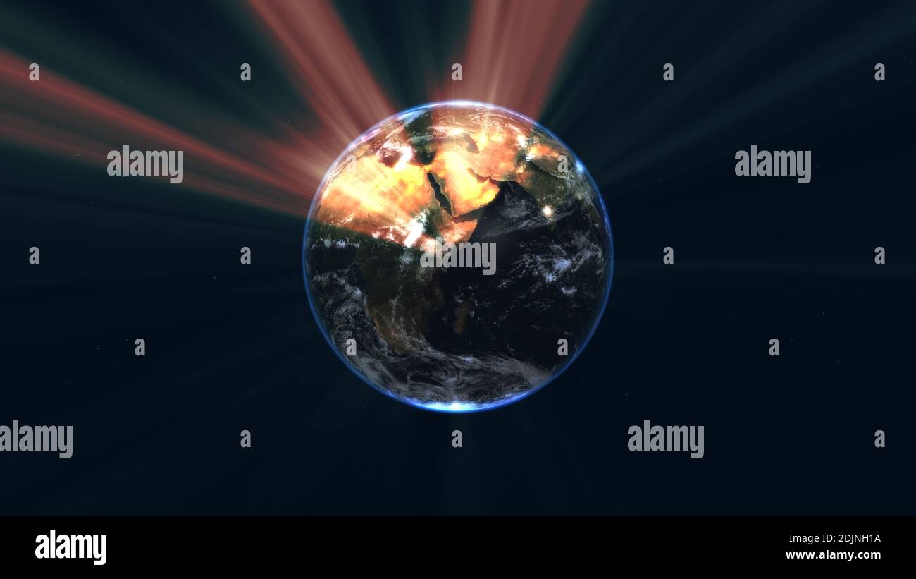 earth globe with glowing details and light rays. 3d illustration render ...