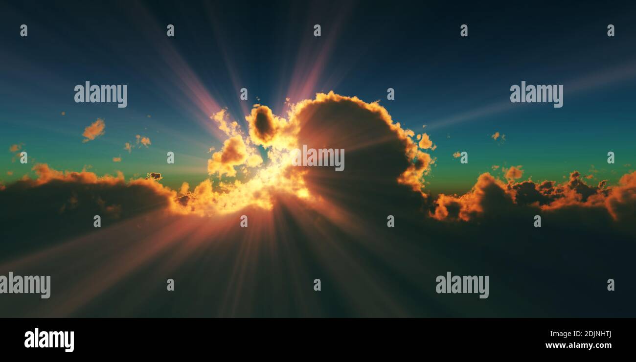 above clouds sun ray sunset. 3d render illustration Stock Photo - Alamy