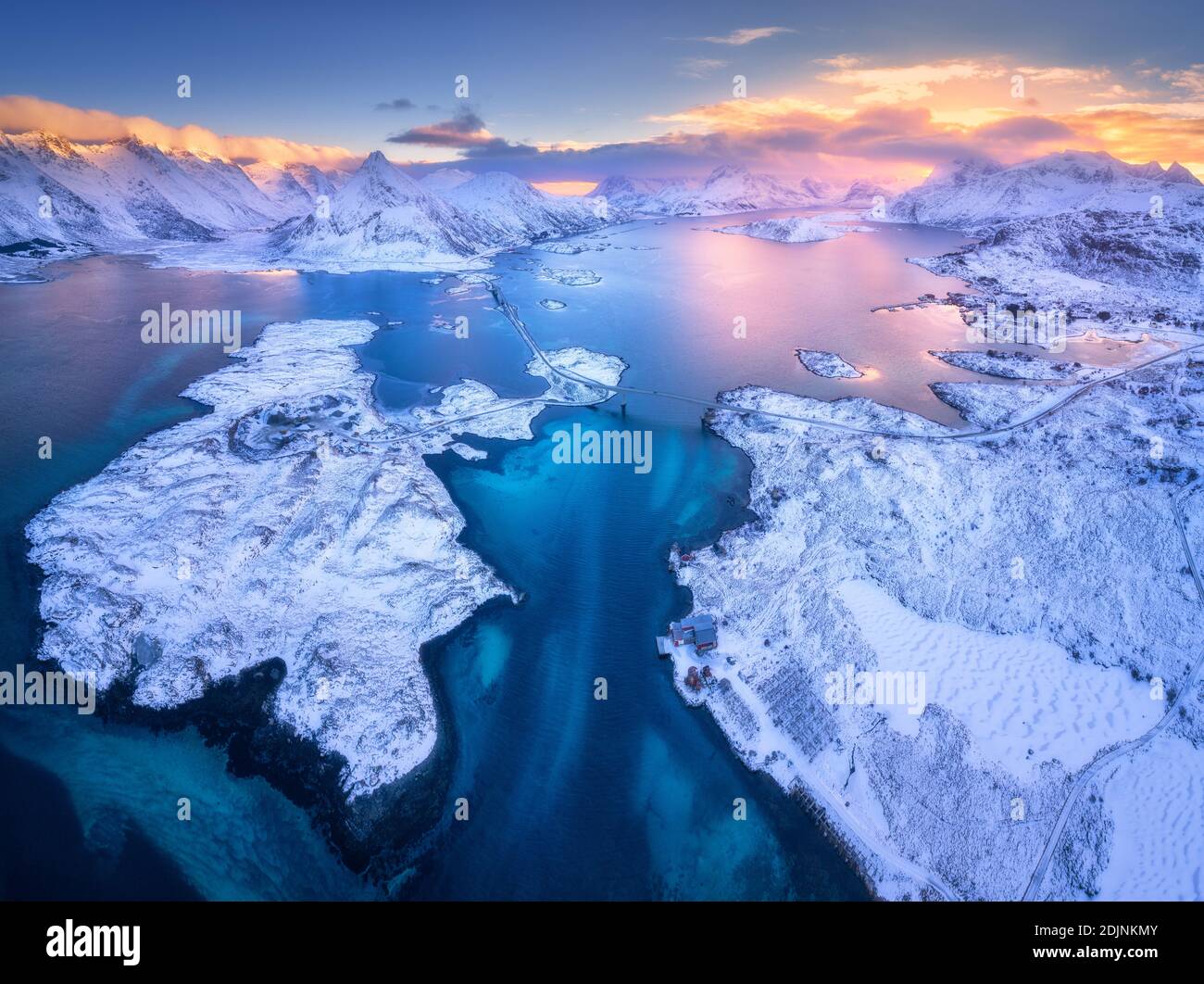 Aerial view of Lofoten islands in winter at sunset in Norway. Landscape ...