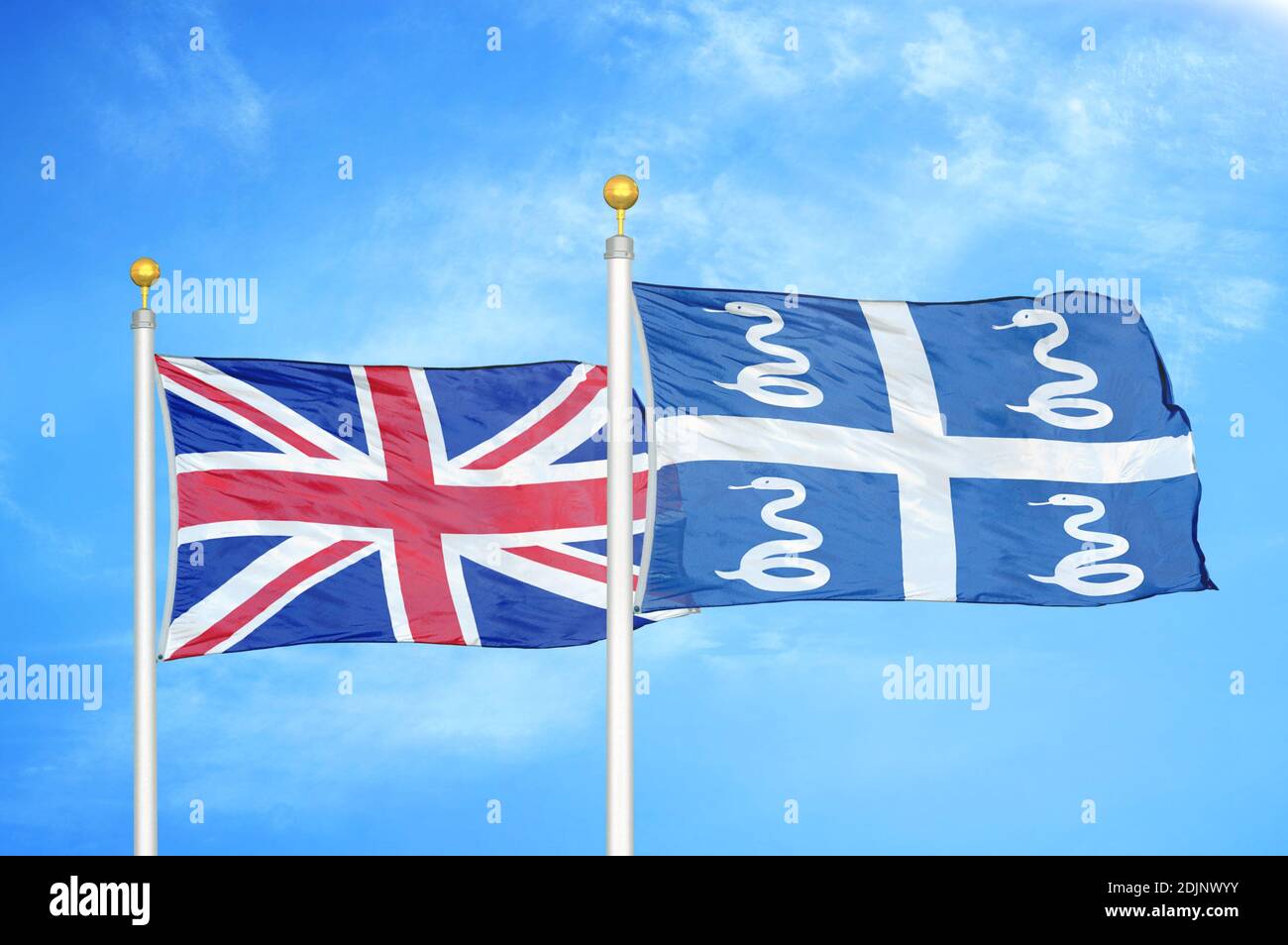 United Kingdom and Martinique snake two flags on flagpoles and blue ...