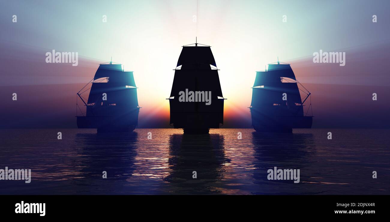 old three ships sunset at sea, 3d rendering illustration Stock Photo ...