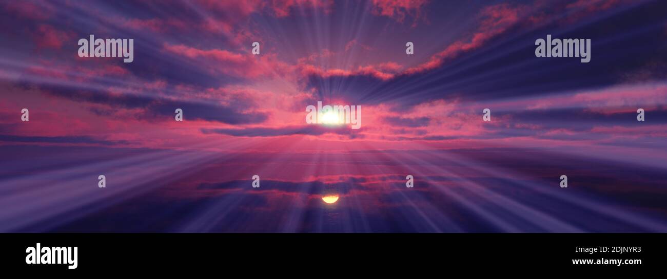 sunset calmly sea sun ray 3d render illustration Stock Photo - Alamy