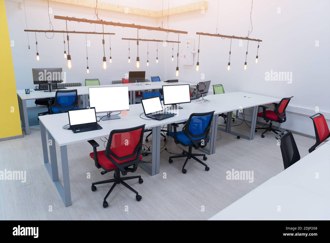 Empty no people open space creative co-working center workplace desks ...