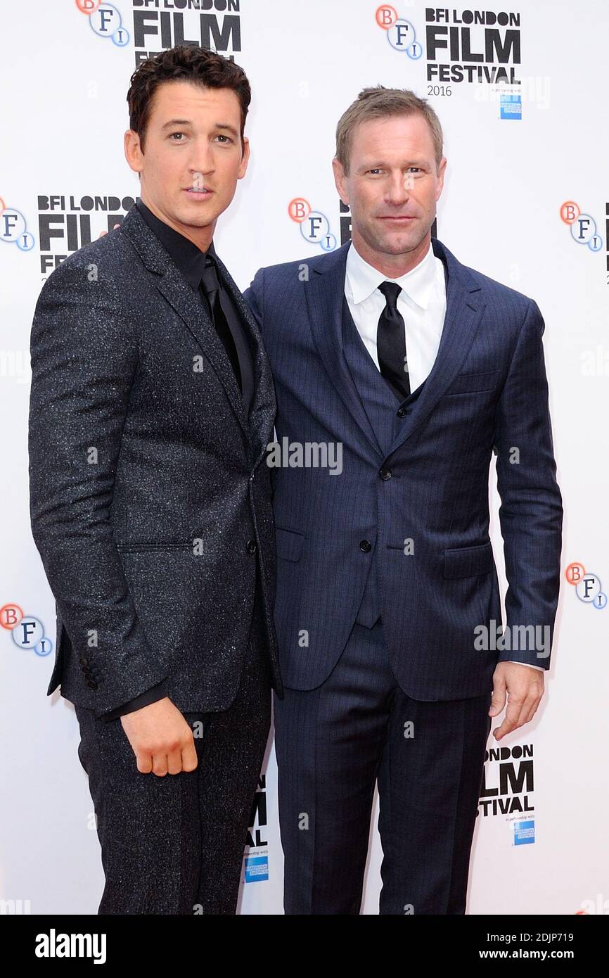 Miles Teller and Aaron Eckhart attending the premiere of Bleed For This ...