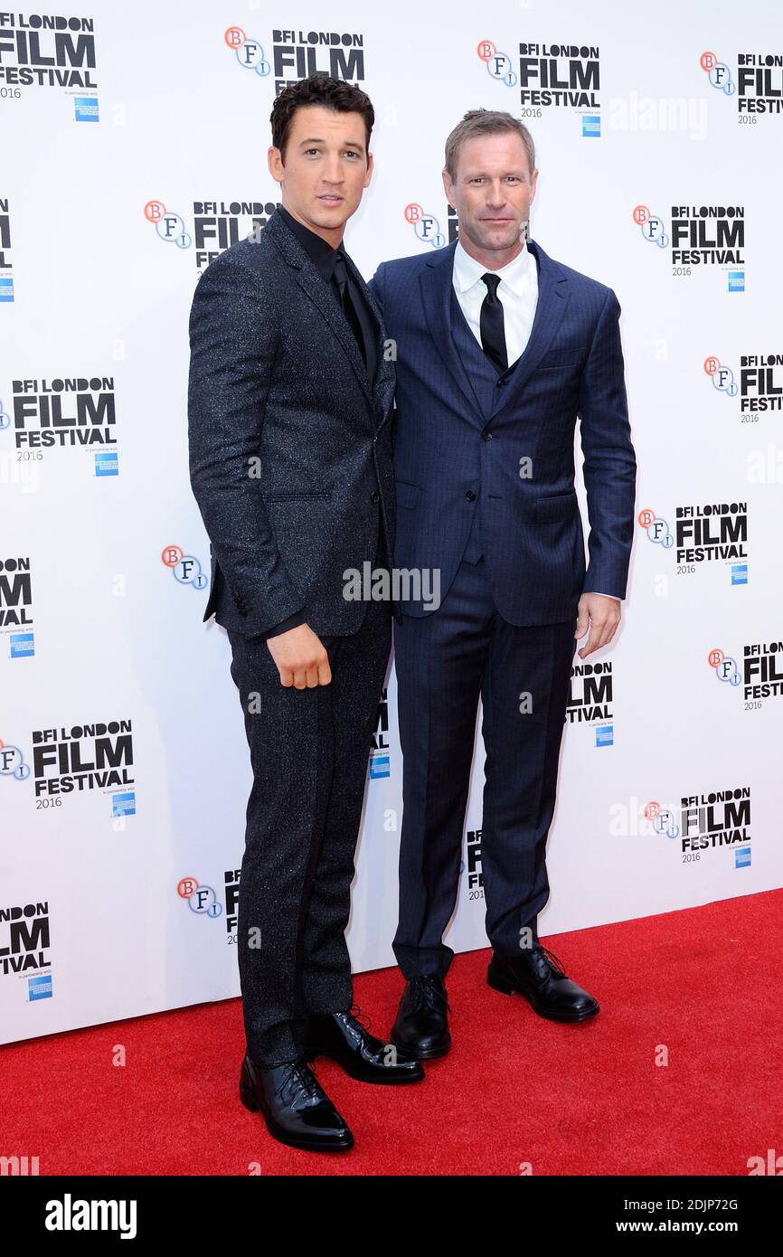 Miles Teller and Aaron Eckhart attending the premiere of Bleed For This ...