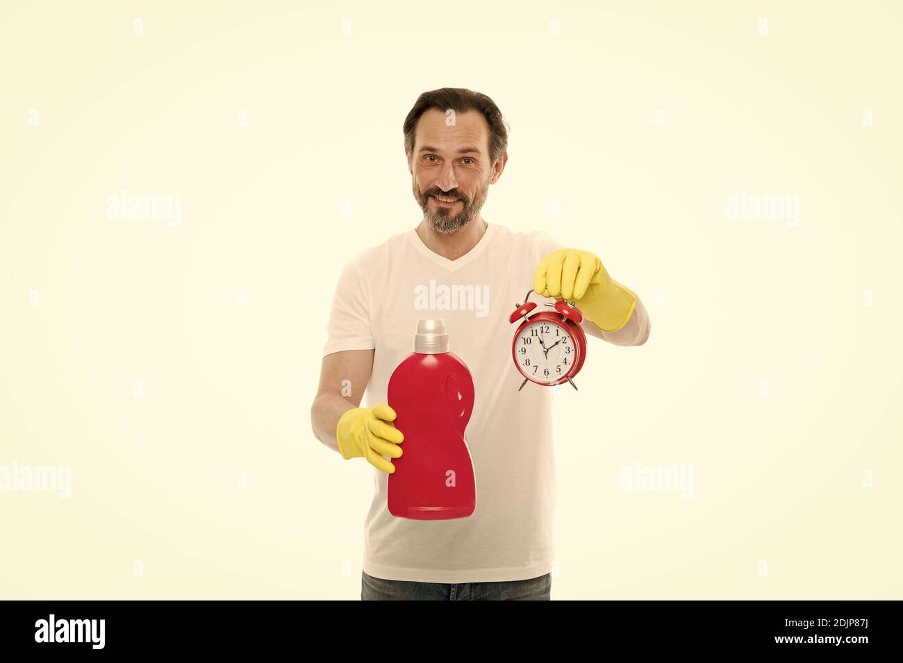 Easy and quickly. Save your time with this cleaning product. Man in ...