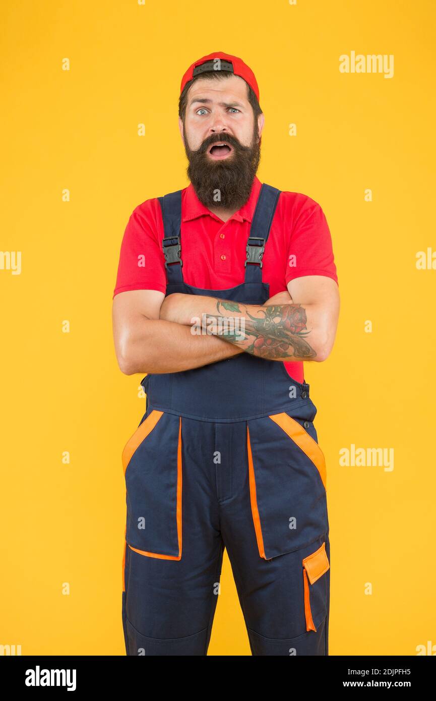 bearded male handyman. amazed mature man worker with beard. electrician ...