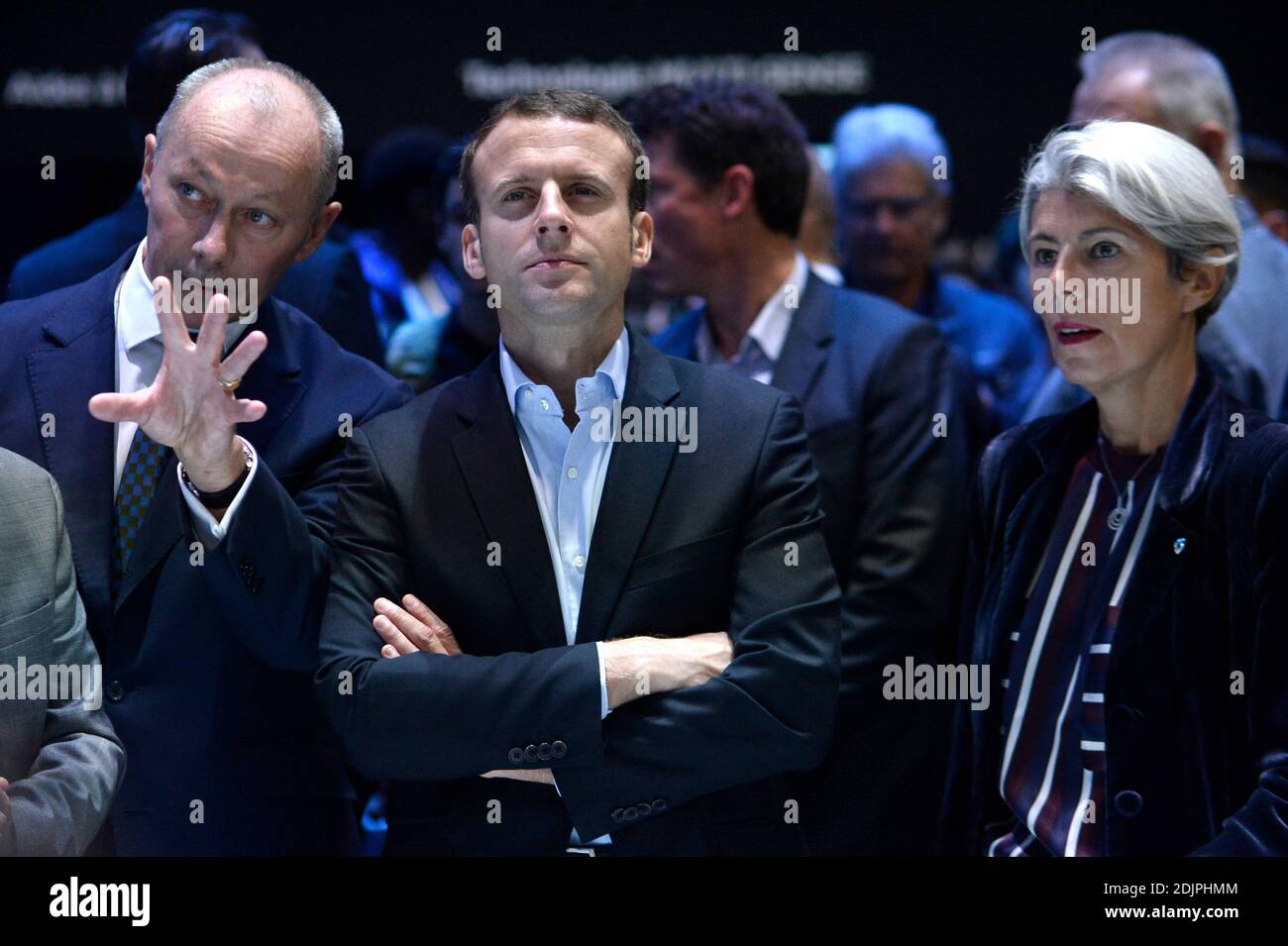 Emmanuel Macron visits the Paris Motor show on October 14, 2016 at ...