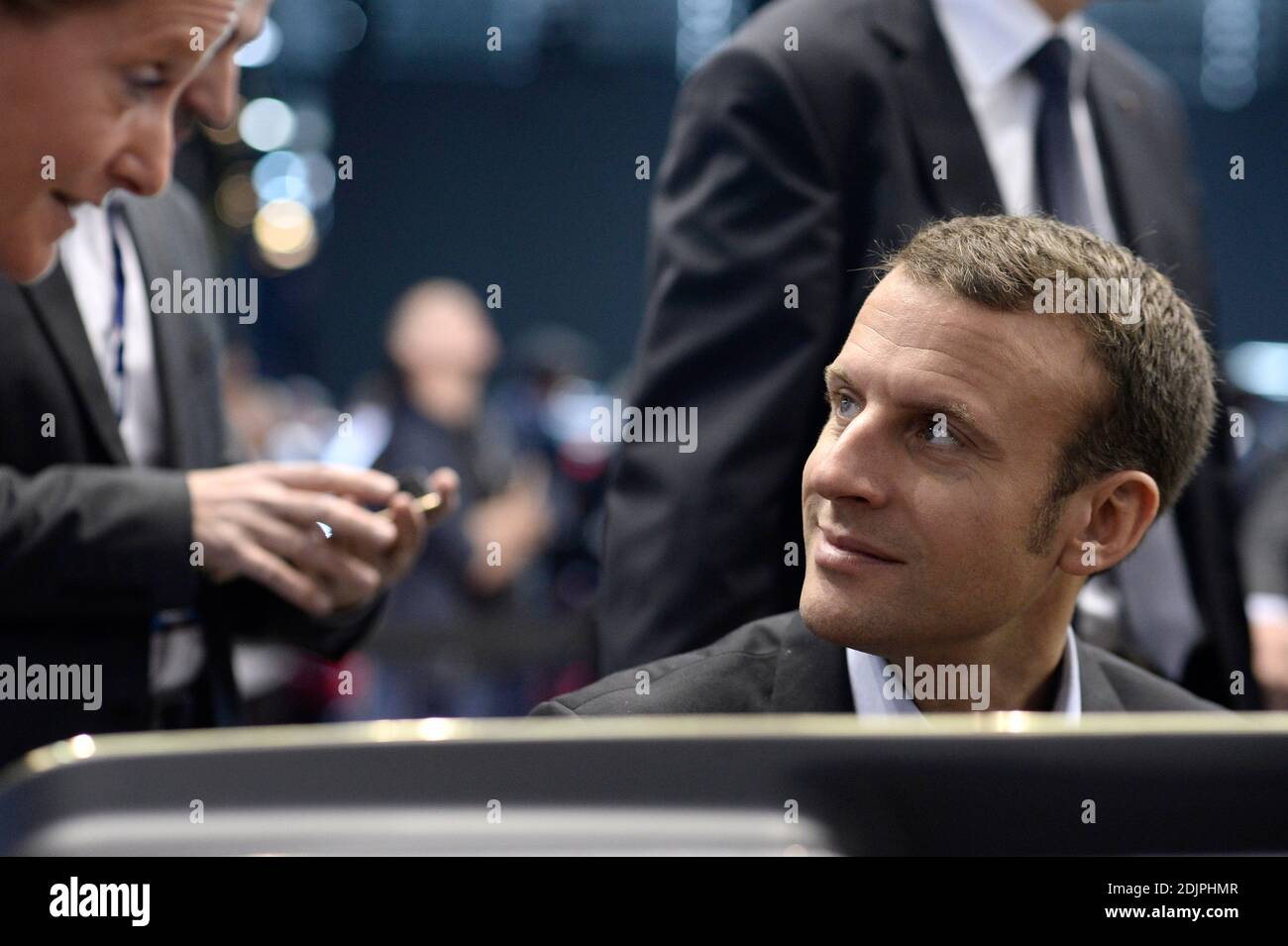Emmanuel Macron visits the Paris Motor show on October 14, 2016 at ...