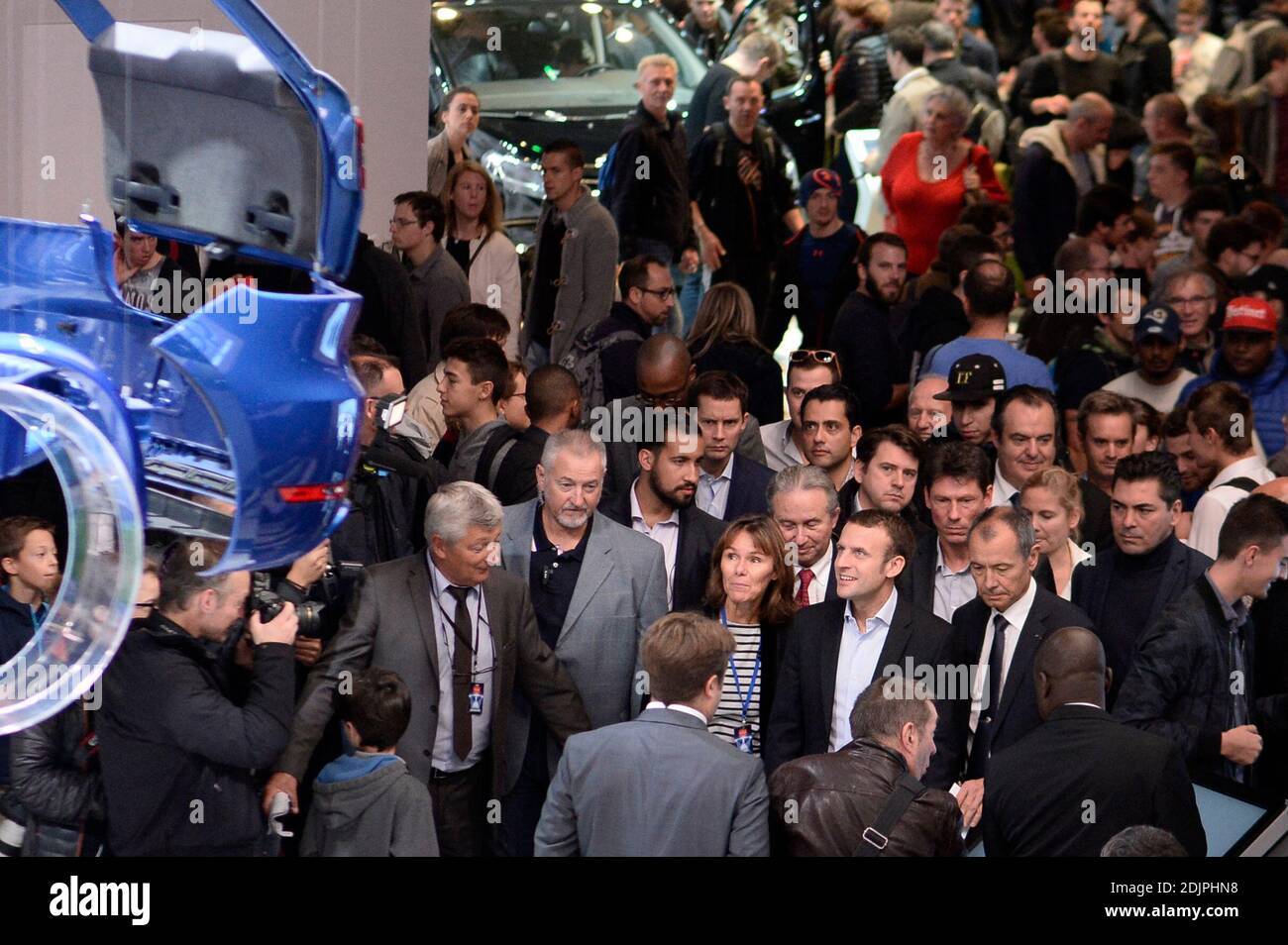 Emmanuel Macron visits the Paris Motor show on October 14, 2016 at ...