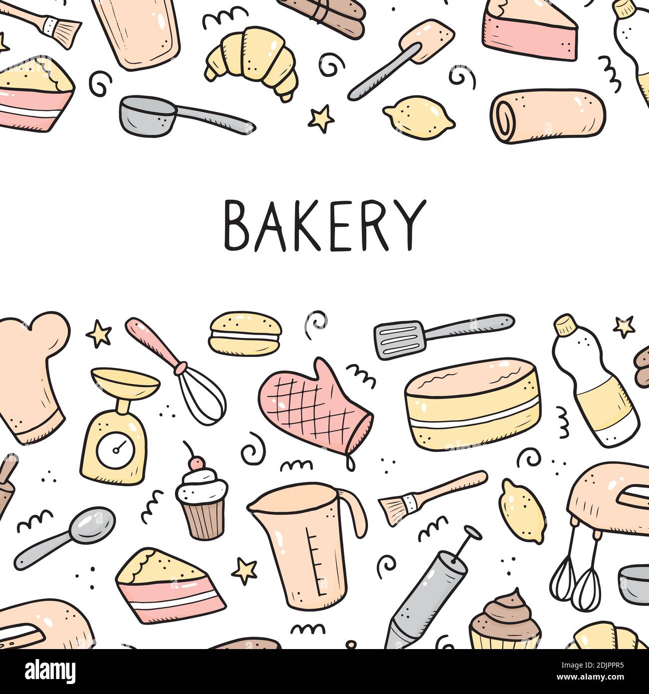 Hand drawn set of baking and cooking tools, mixer, cake, spoon, cupcake ...