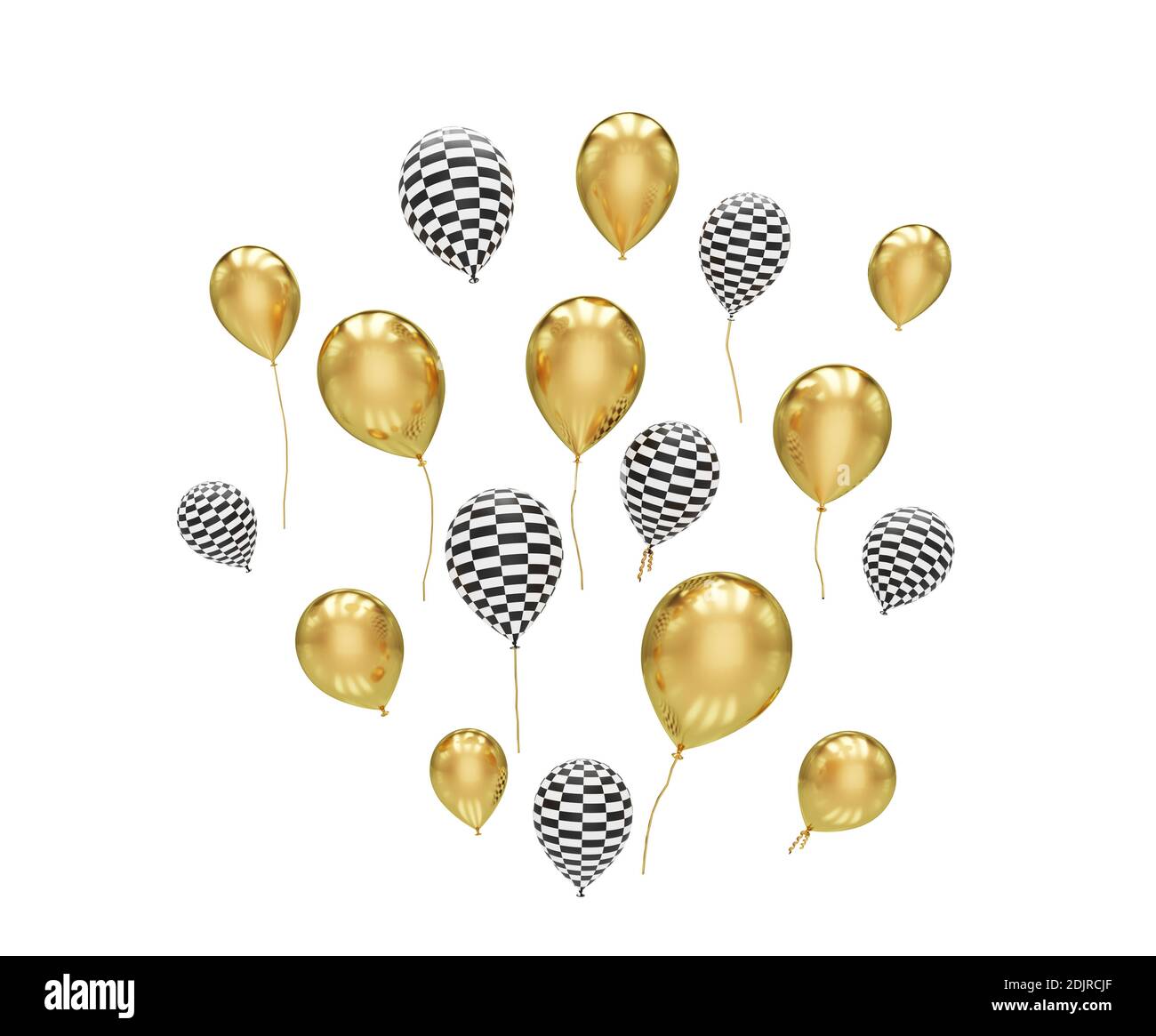 many flying shiny golden and checkered balloons isolated on white, 3d ...