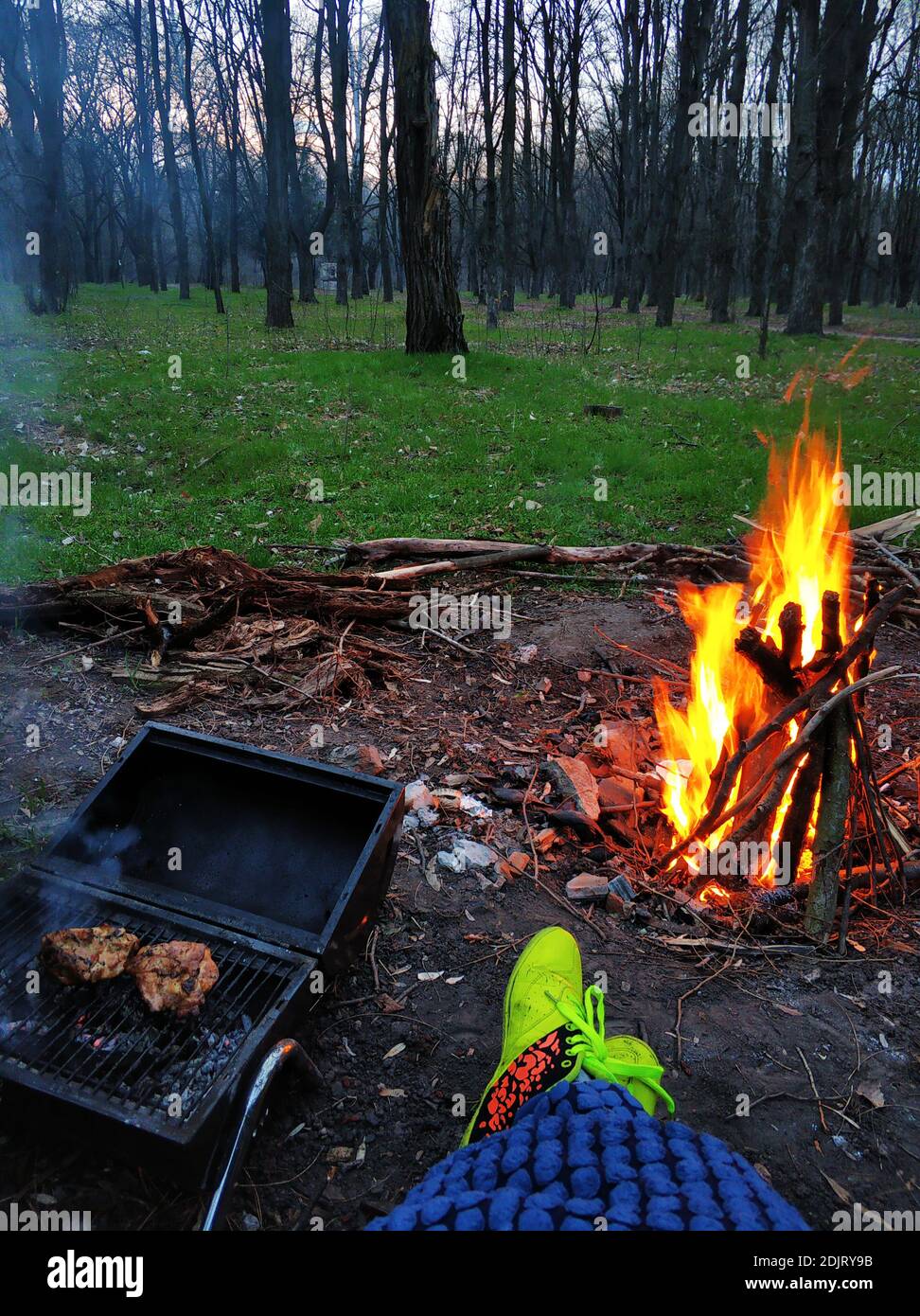Campfire in the woods. Outdoor recreation Stock Photo - Alamy