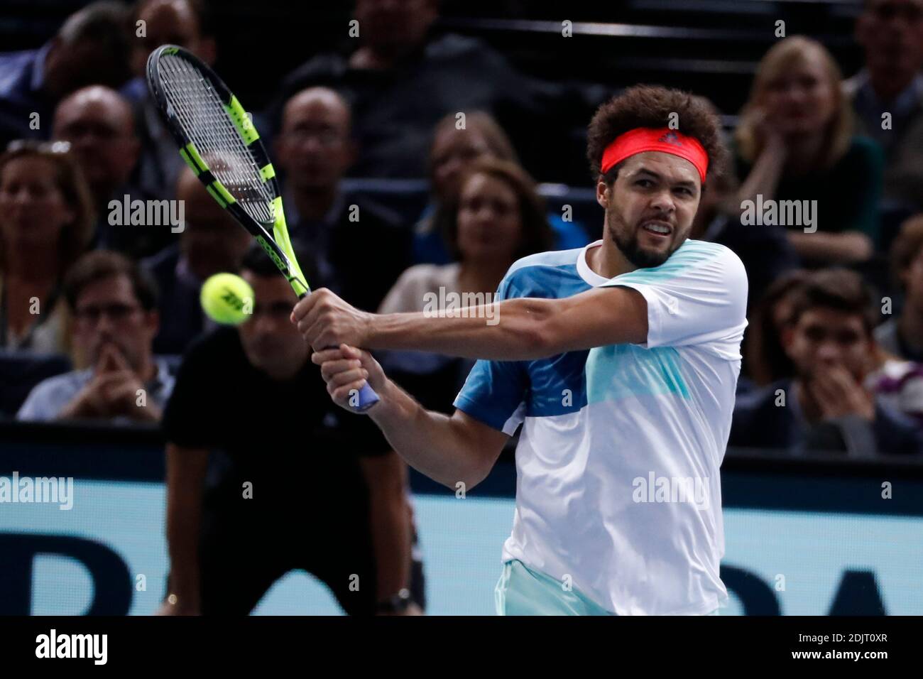 France's Jo-Wilfried Tsonga playing in the 1/4 finals at the BNP Paribas Tennis Masters Paris ...